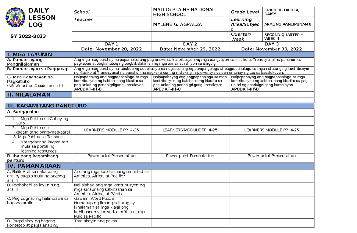 AP 8 WEEK 4 DLL - DAILY LESSON LOG SY 2022- School MALLIG PLAINS ...