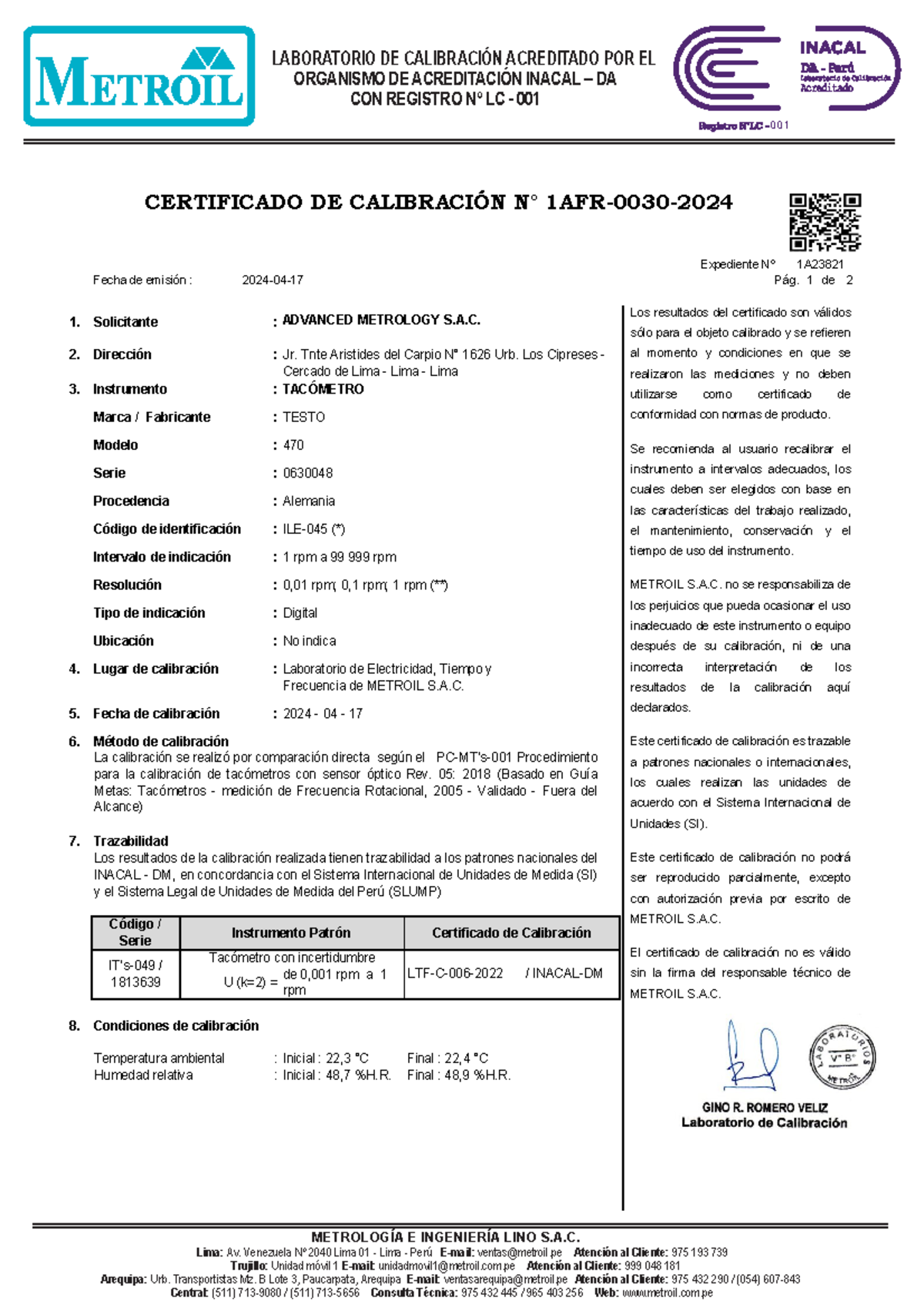 1AFR-0030-2024 - Tacometro - CON REGISTRO N∫ LC - 001 001 LABORATORIO ...