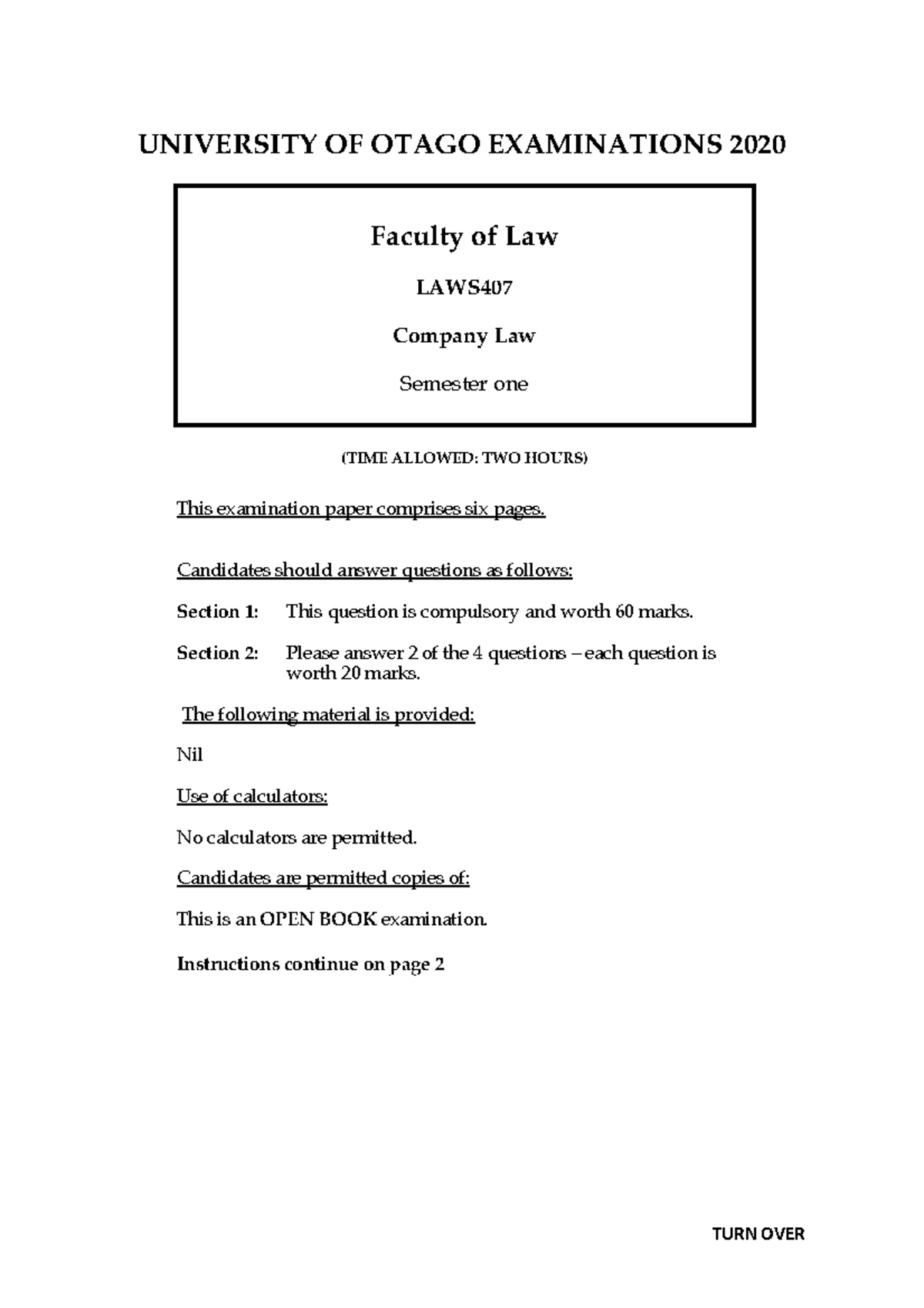 LAWS407 Final Examination 2020 V2 - TURN OVER UNIVERSITY OF OTAGO ...