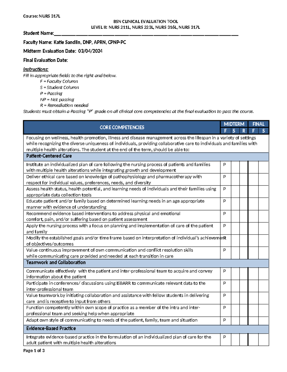Midterm-NURS 317L - BSN Clinical Evaluation Tool Level II-2-2 - Course: NURS 317L BSN CLINICAL ...
