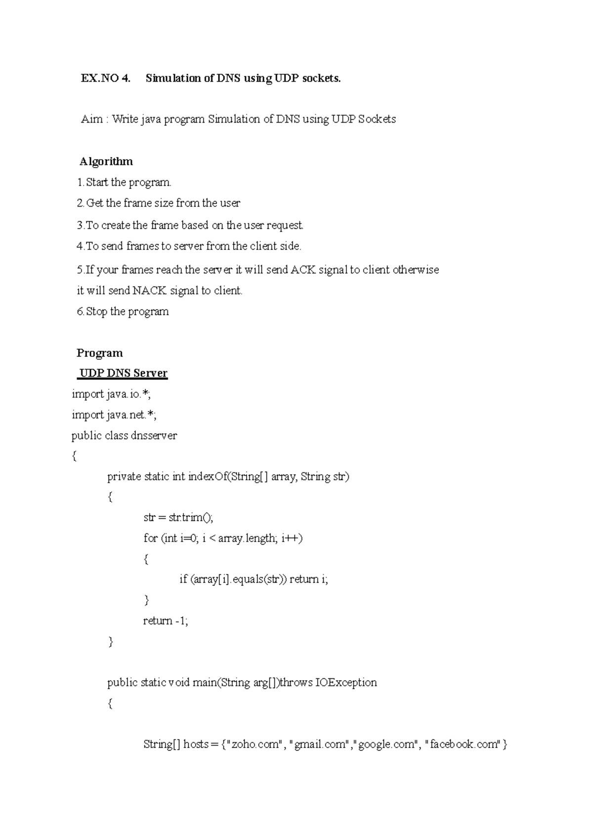 Ex.No 4 - Lab - EX 4. Simulation of DNS using UDP sockets. Aim : Write java program Simulation ...