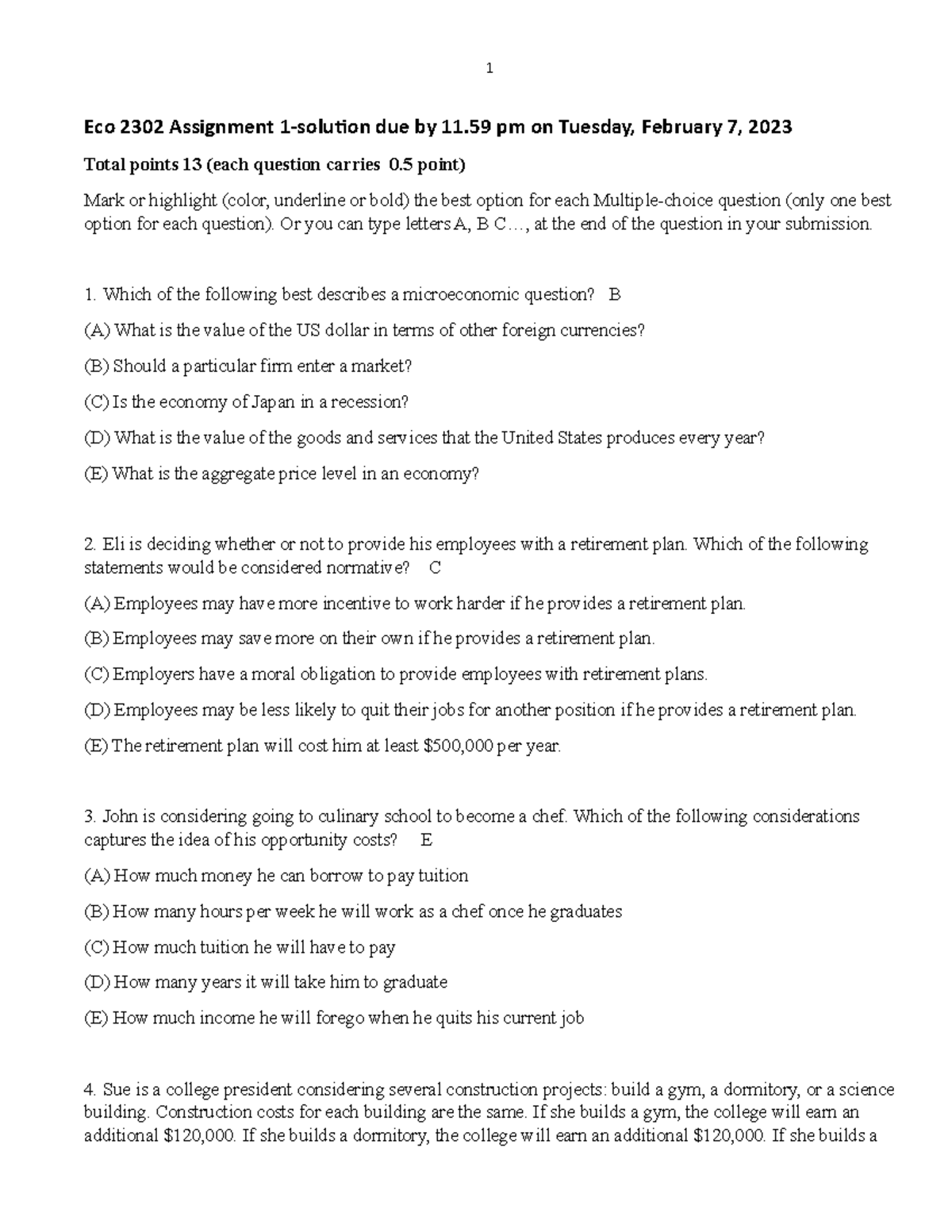Micro Economics-Assignment 1 solutions - Eco 2302 Assignment 1-solution due by 11 pm on Tuesday ...
