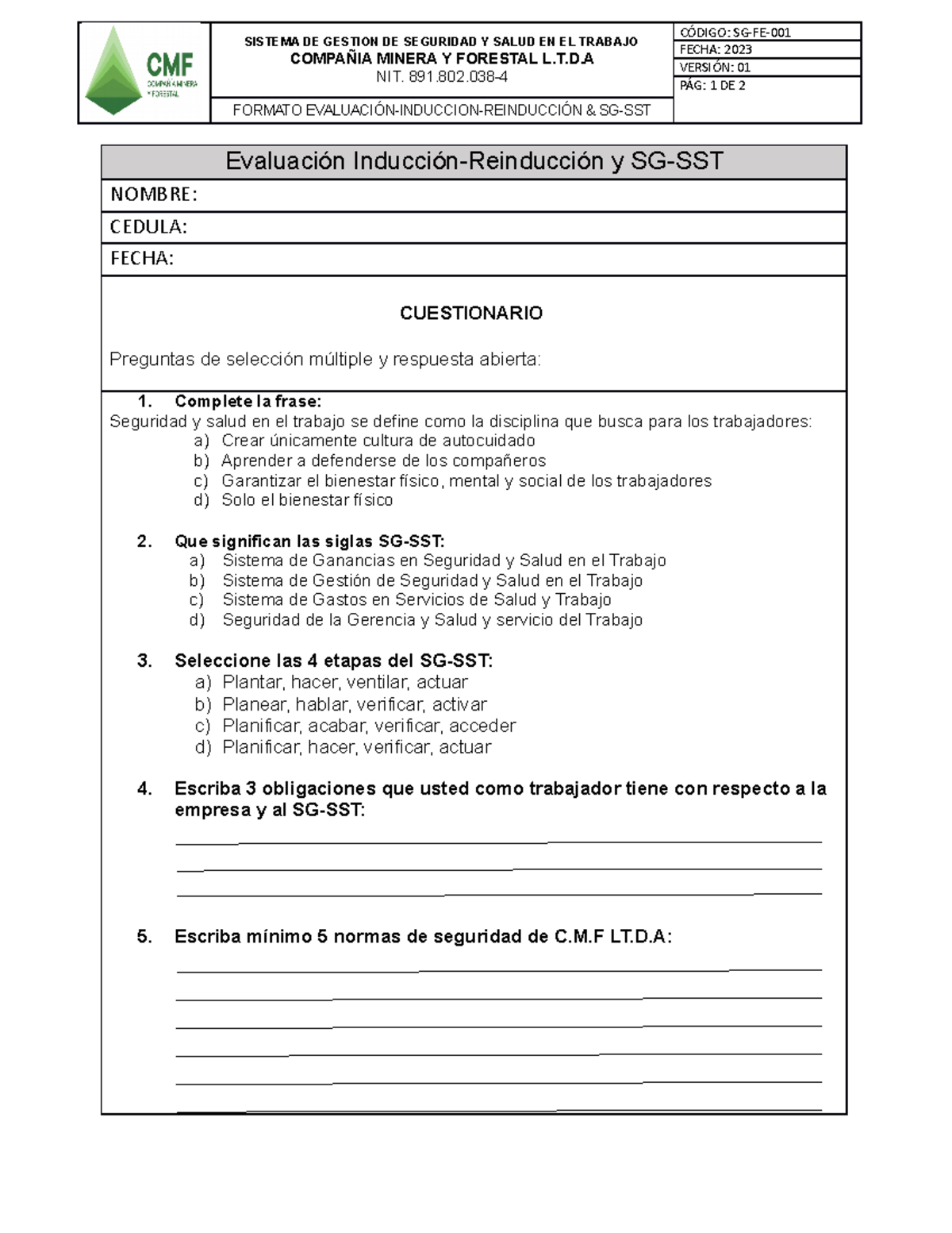 Formato Evaluación- Induccion- Reinducción & SG-SST - SISTEMA DE GESTION DE SEGURIDAD Y SALUD EN ...