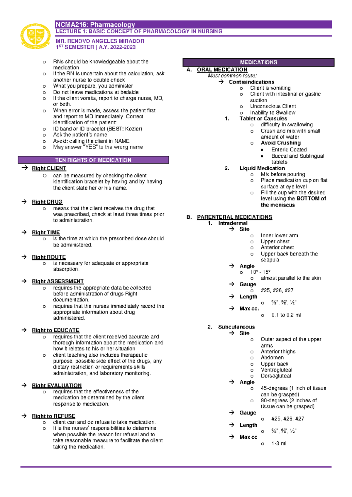 TEN Rights OF Medication - NCMA216: Pharmacology LECTURE 1: BASIC ...