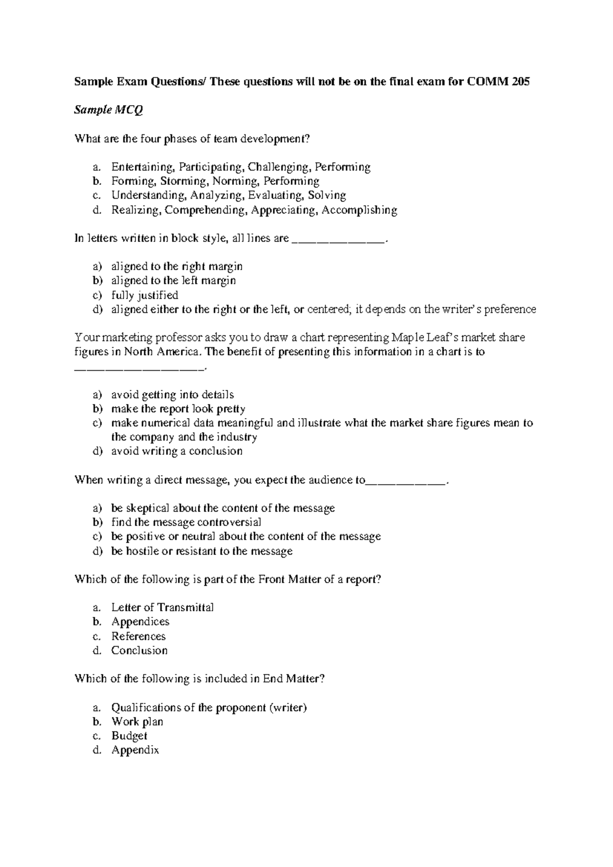 Sample exam questions 2 - Sample Exam Questions/ These questions will ...