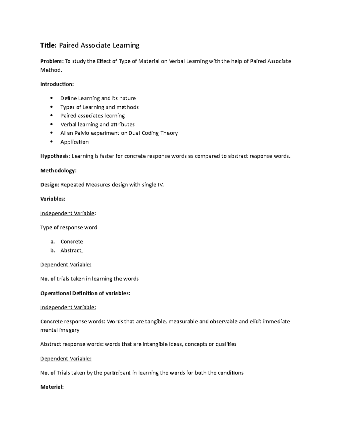 Paired associate learning - Title: Paired Associate Learning Problem ...