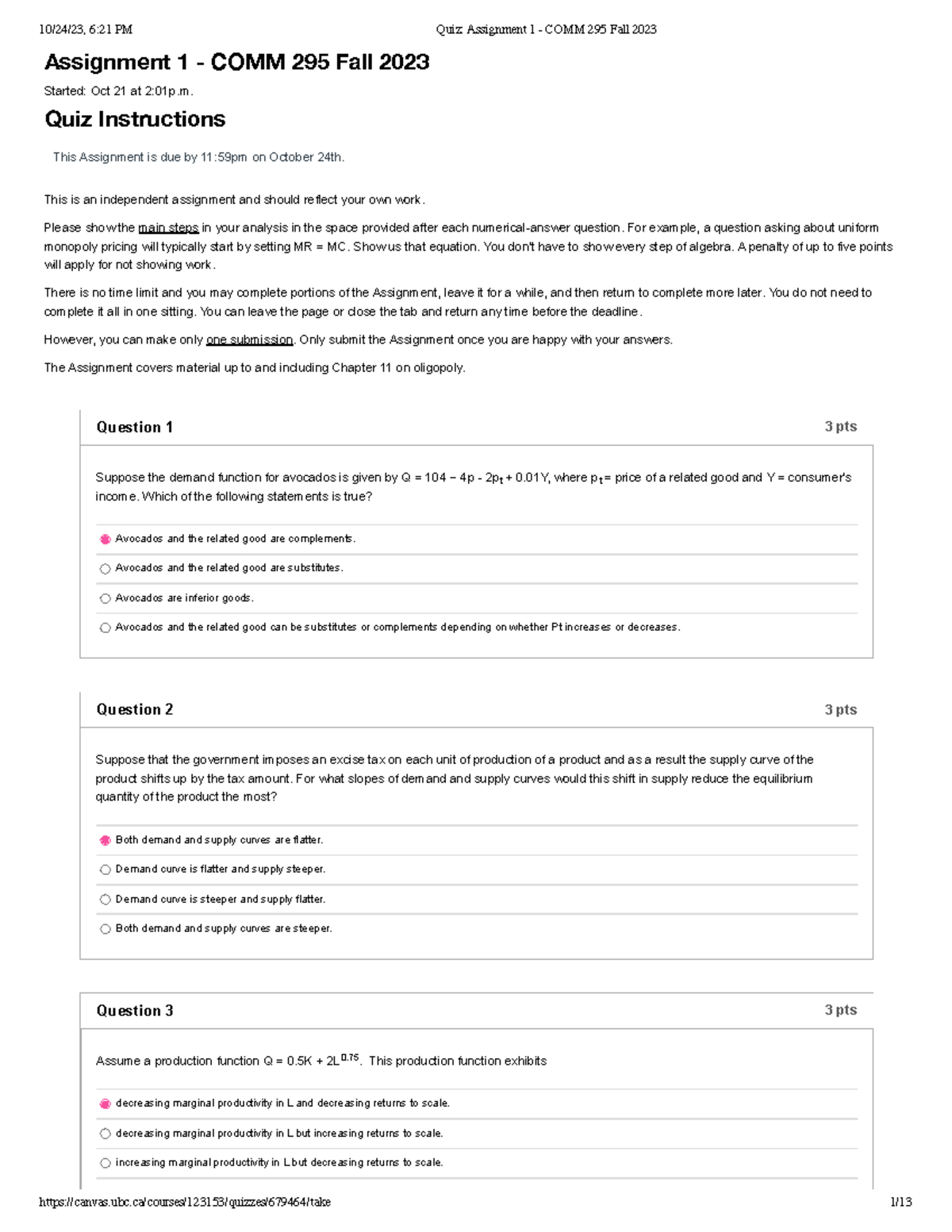 Quiz Assignment 1 - COMM 295 Fall 2023 - Assignment 1 - COMM 295 Fall 2023 Started: Oct 21 at 2 ...