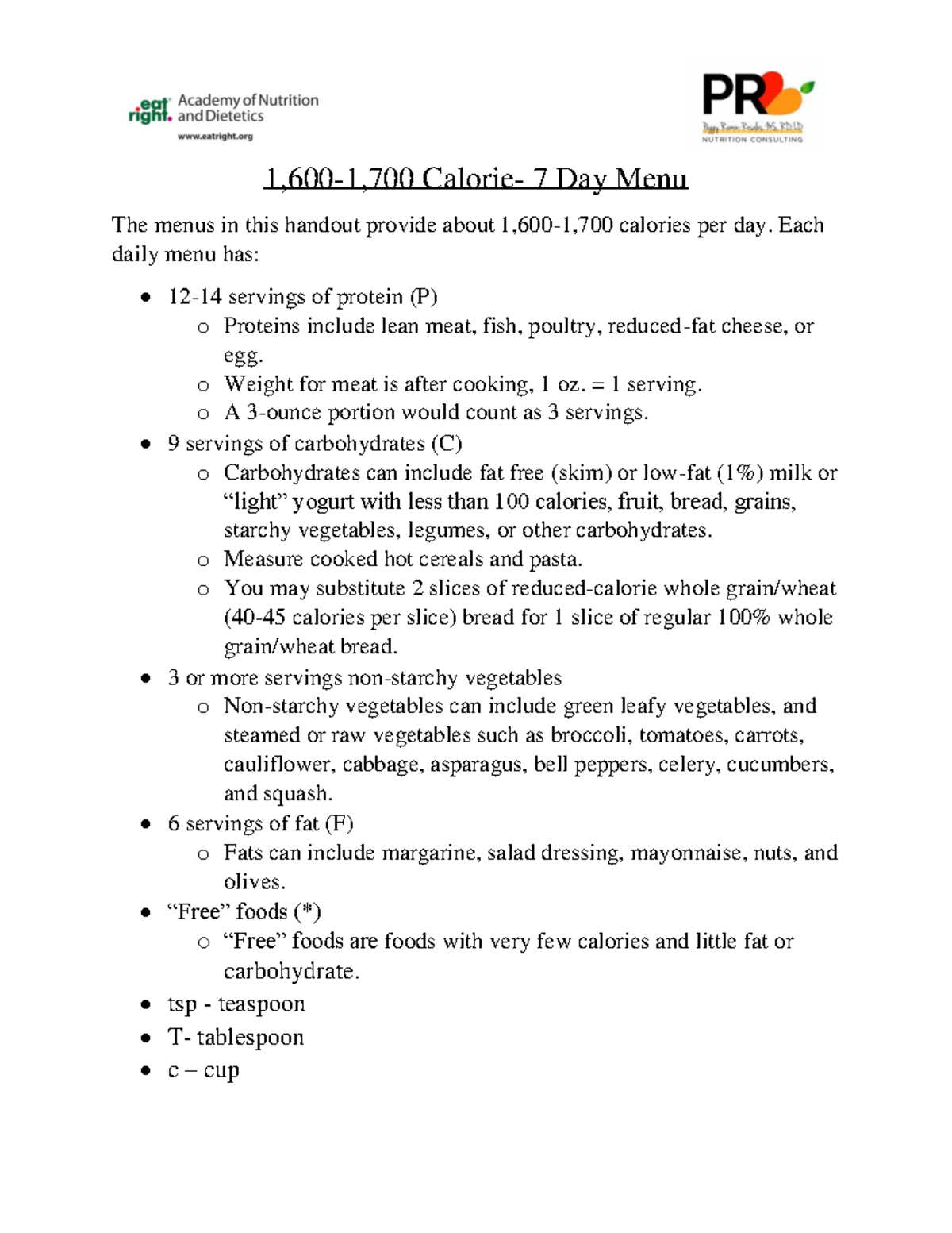 1600-1700 - 7 day Menu - Cycle 2 - 1,600-1,700 Calorie- 7 Day Menu The ...