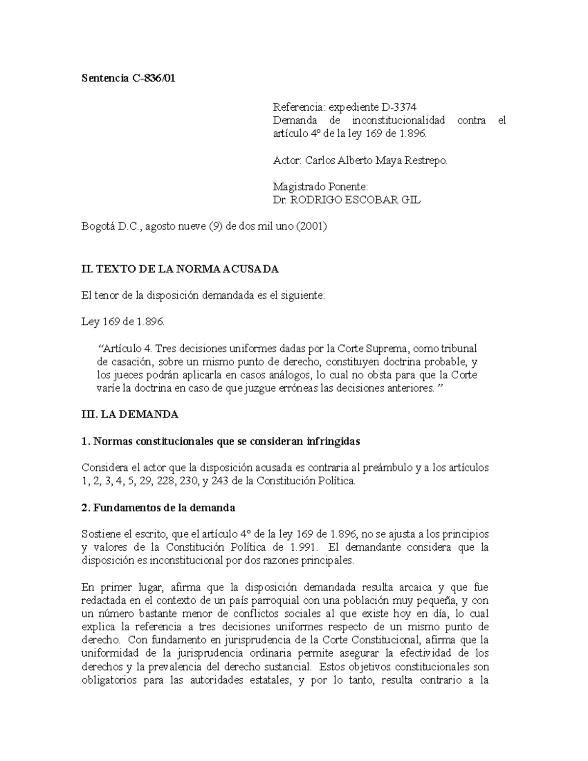 Sentencia C-836 de 2001 Extracto - Sentencia C-836/ Referencia ...
