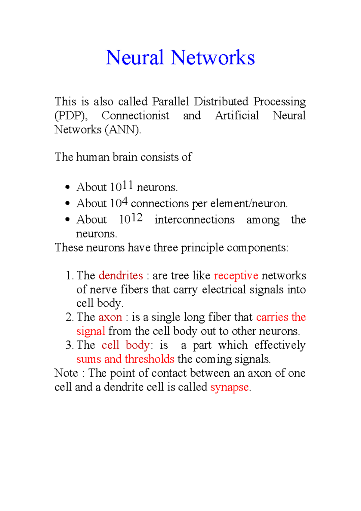 Neural Networks-Lecture-18 - Neural Networks This is also called Parallel Distributed Processing ...