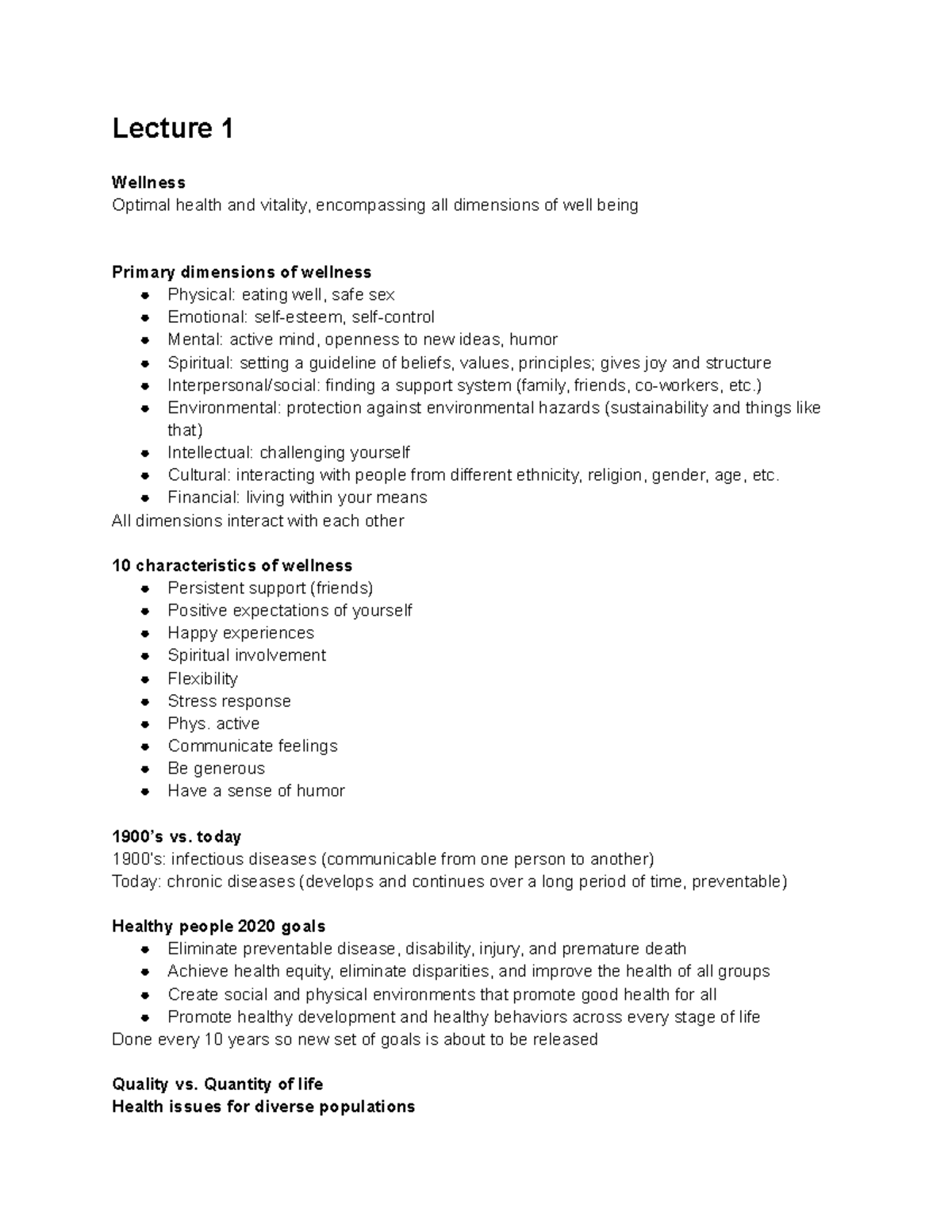 Total Wellness Notes - Lecture 1 Wellness Optimal health and vitality ...