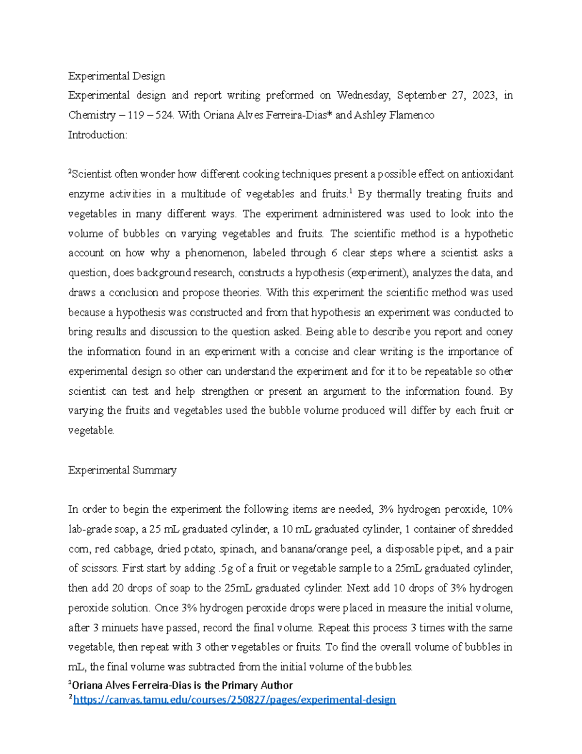 Chem Lab 4 - chem notes - Experimental Design Experimental design and ...
