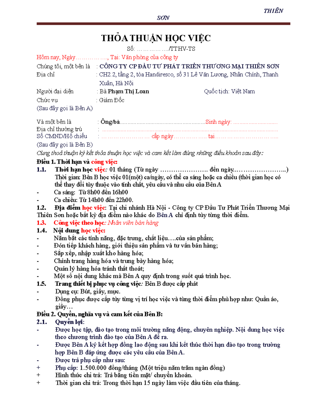 HDHV Mẫu cty TS - FAFSDF - THIÊN SƠN THỎA THUẬN HỌC VIỆC Số ...
