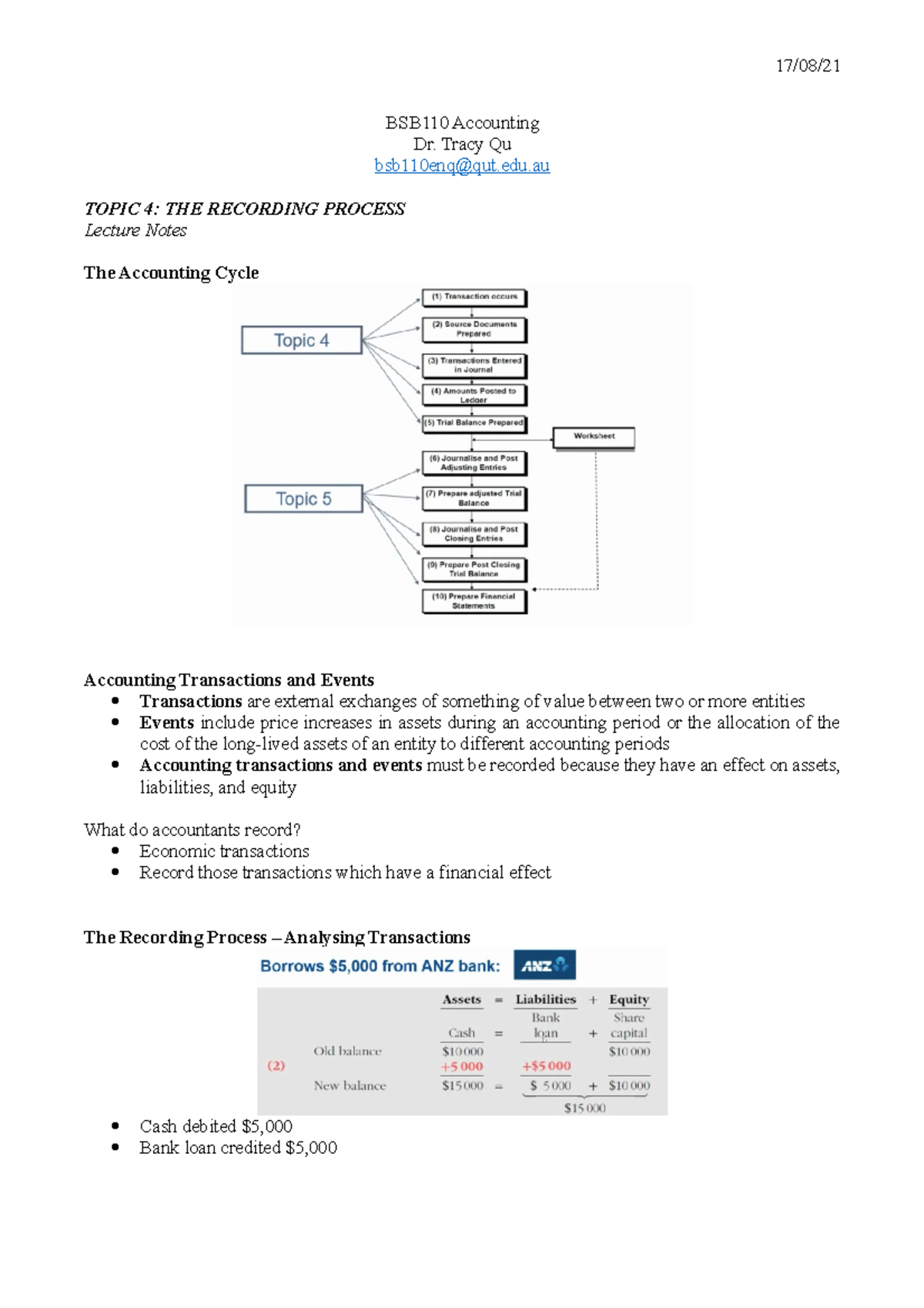 Topic 4 - The Recording Process - BSB110 Accounting Dr. Tracy Qu ...