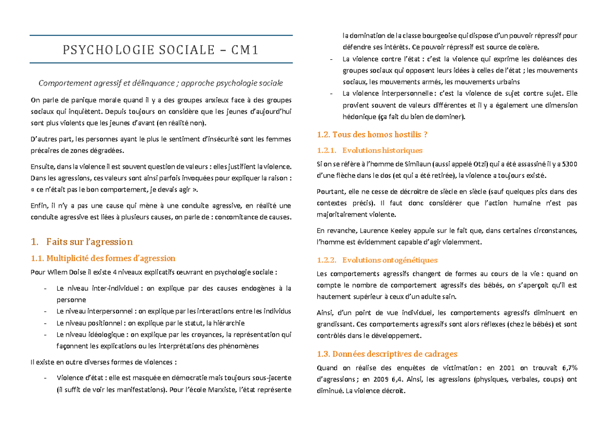 Psychologie sociale Final - PSYCHOLOGIE SOCIALE – CM Comportement ...