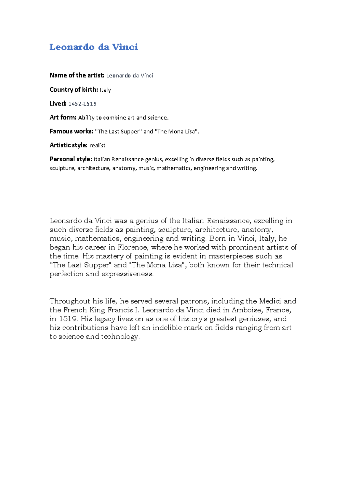 Biographical profile of Leonardo - Leonardo da Vinci Name of the artist ...