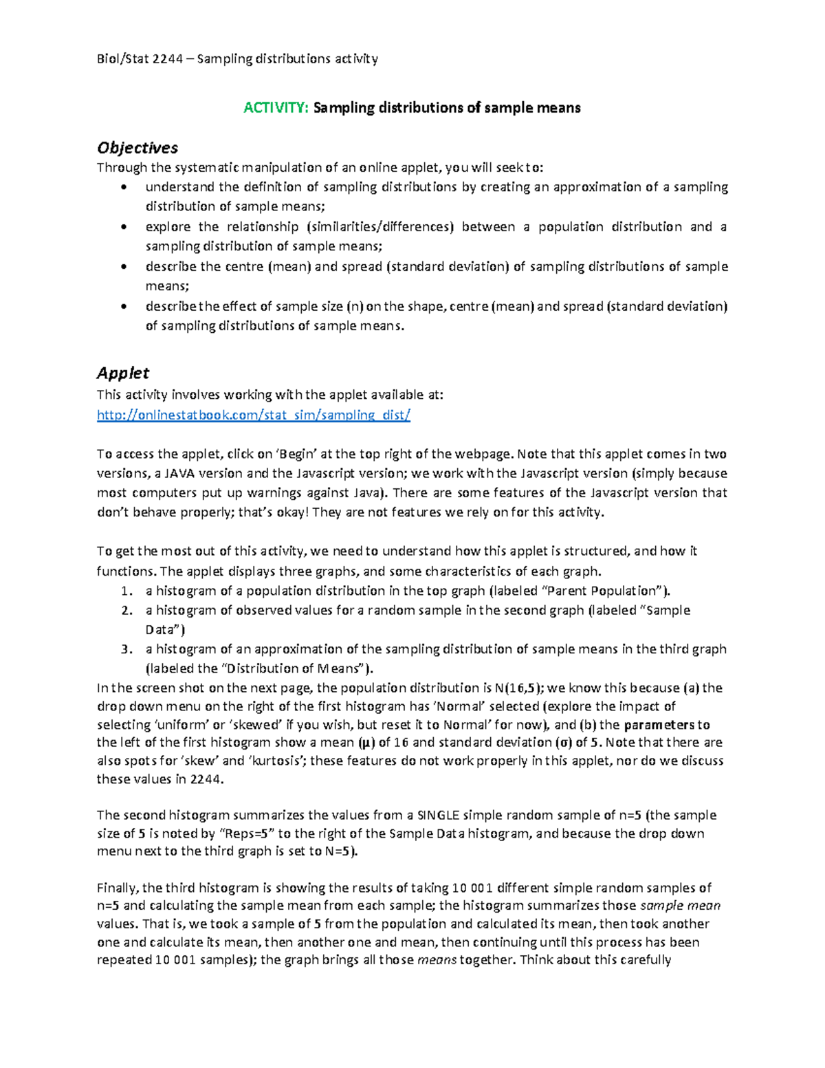 Activity - Sampling distribution of sample means - ACTIVITY: Sampling ...