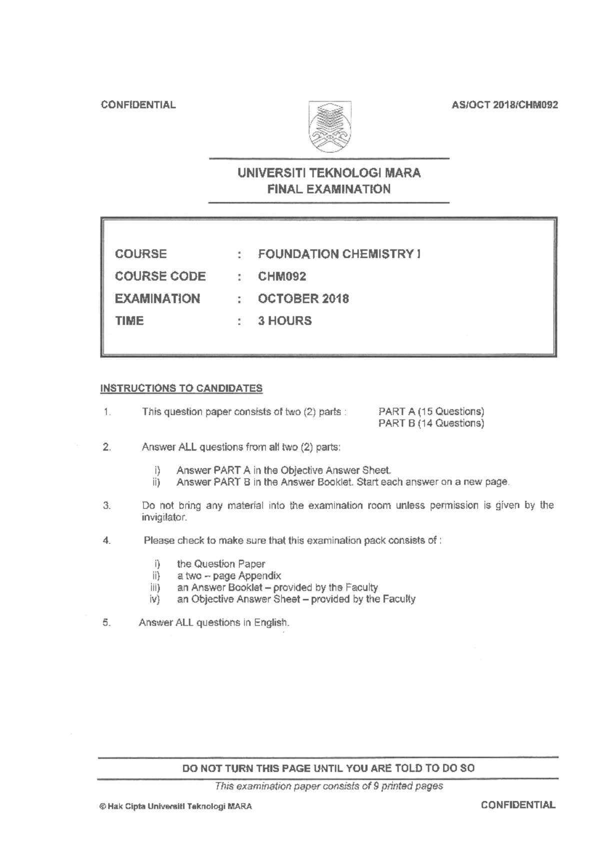 CHM092 OCT 2018 - Foundation In Chemistry - Studocu