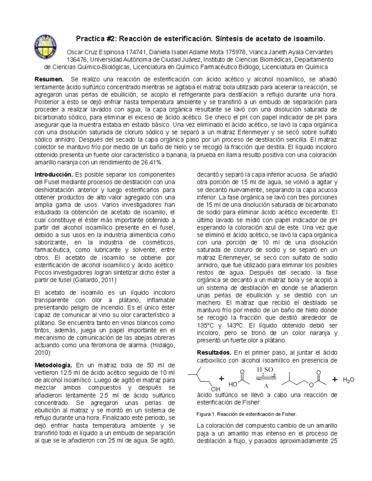 Practica 2 Reacción De Esterificación Síntesis De Acetato De Isoamilo