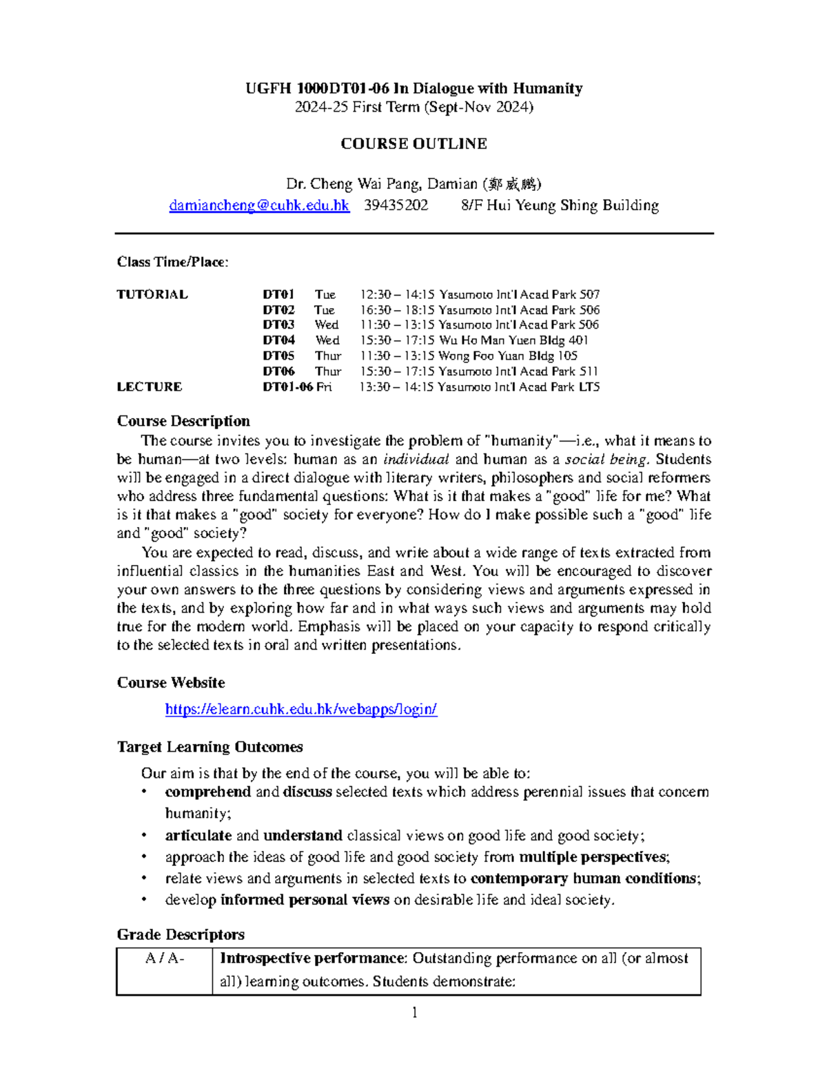 Course Outline Fall 2024-UGFH1000D - UGFH 1000DT01- 06 In Dialogue with ...