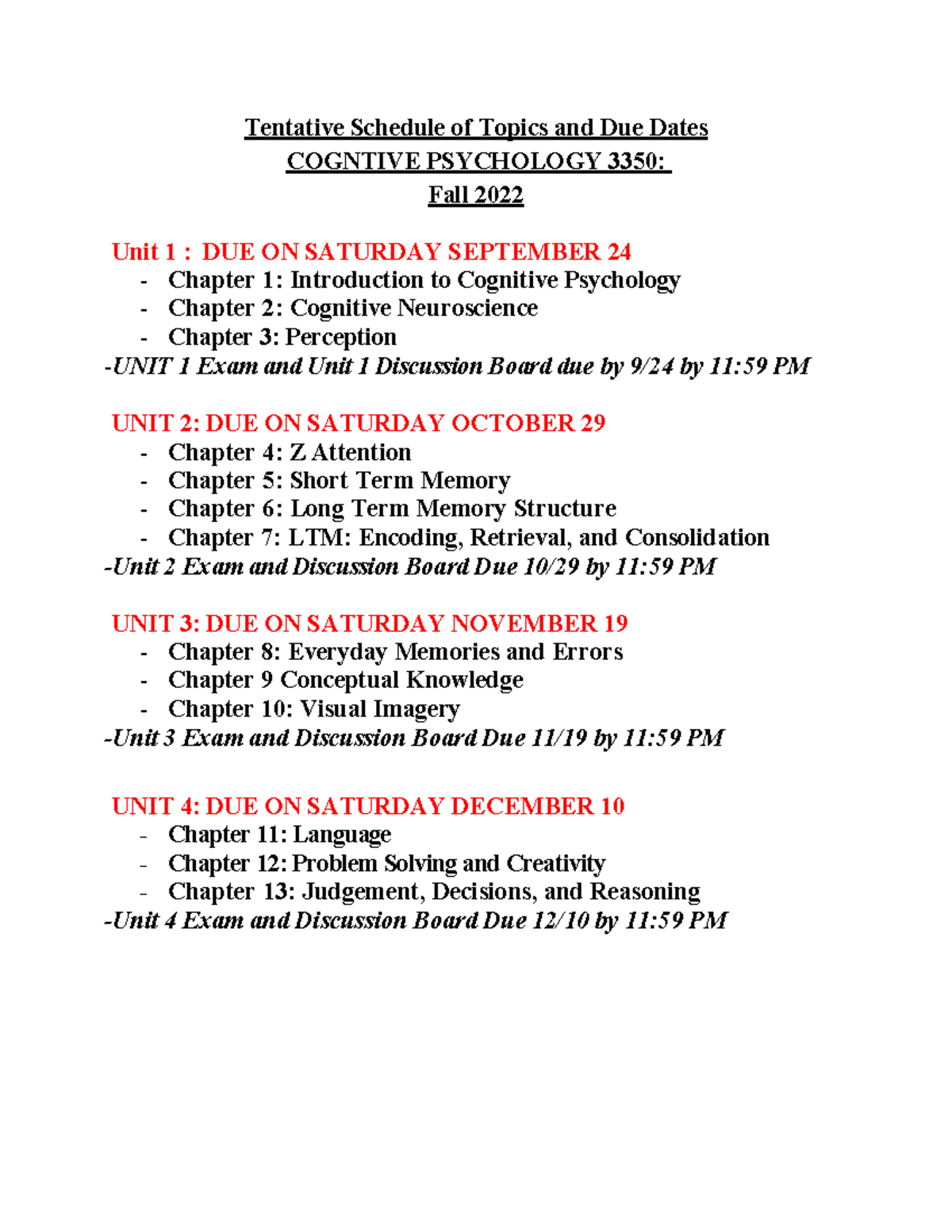 Cognitive Psych Tentative Schedule of Topics and Due Dates - Tentative ...