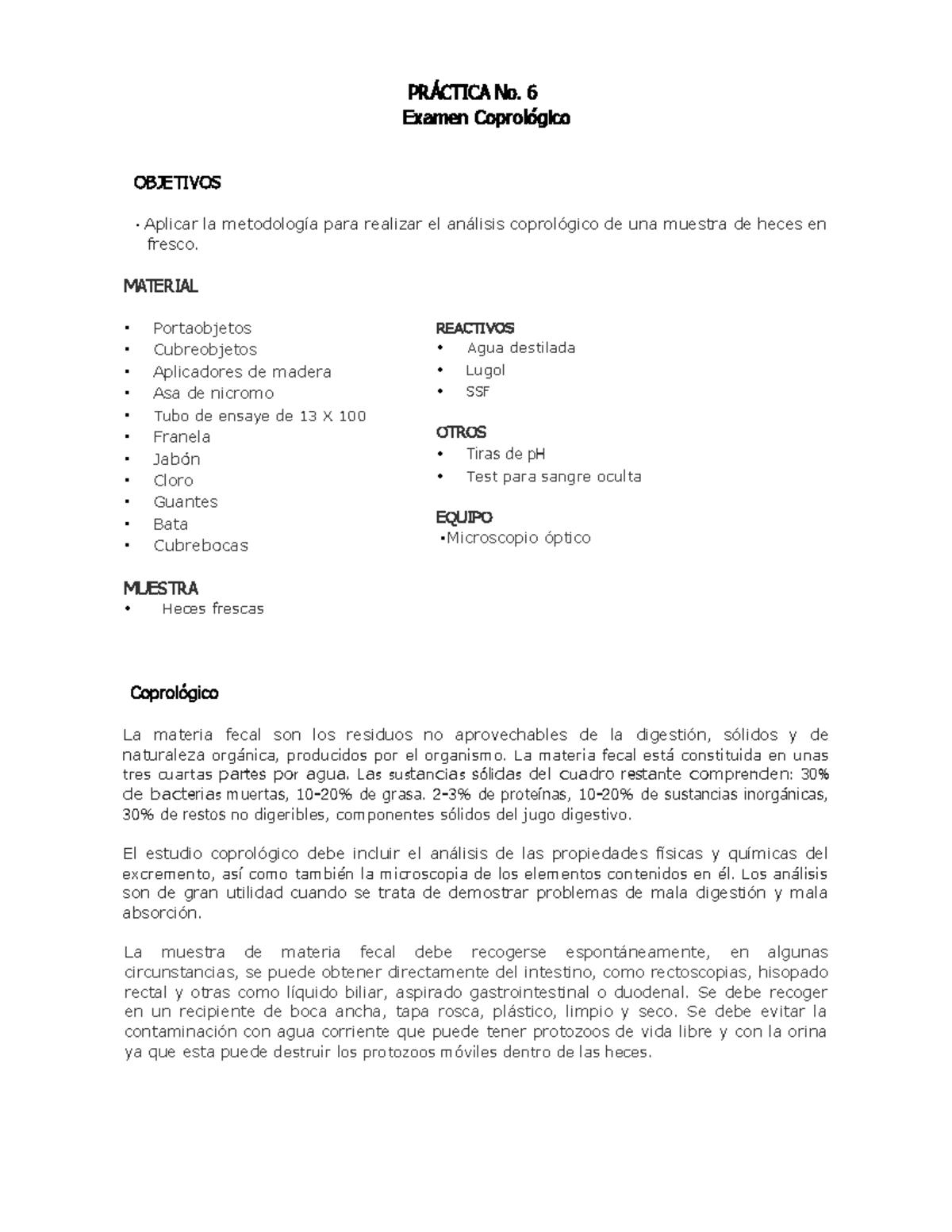 Practica 6 examen coprologico - PRÁCTICA No. 6 Examen Coprológico ...