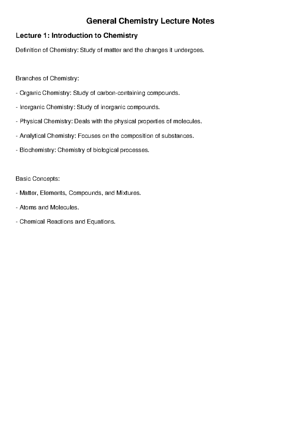 Lecture 1 Introduction to Chemistry - General Chemistry Lecture Notes ...