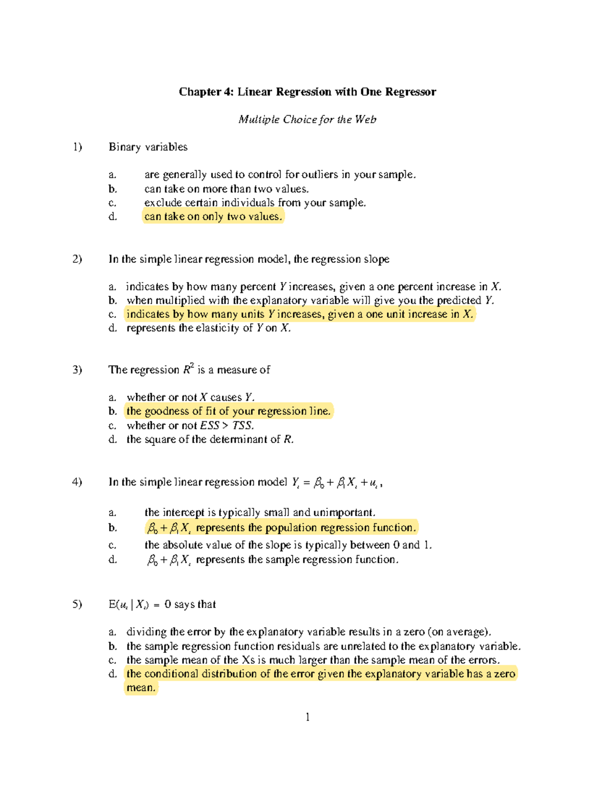 Ch04quiz - 1 Chapter 4: Linear Regression with One Regressor Multiple Choice for the Web Binary ...