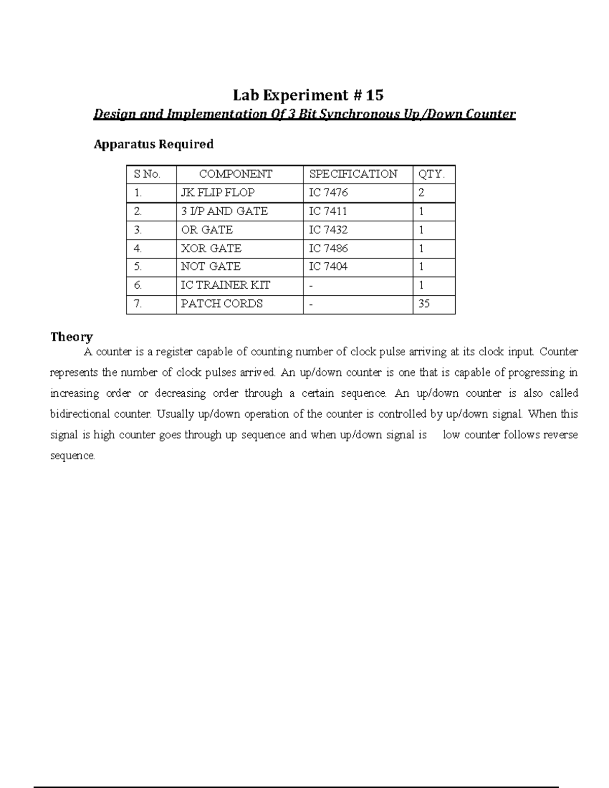 CS 302p lab manuals - Lab Experiment # 15 Design and Implementation Of 3 Bit Synchronous Up/Down ...