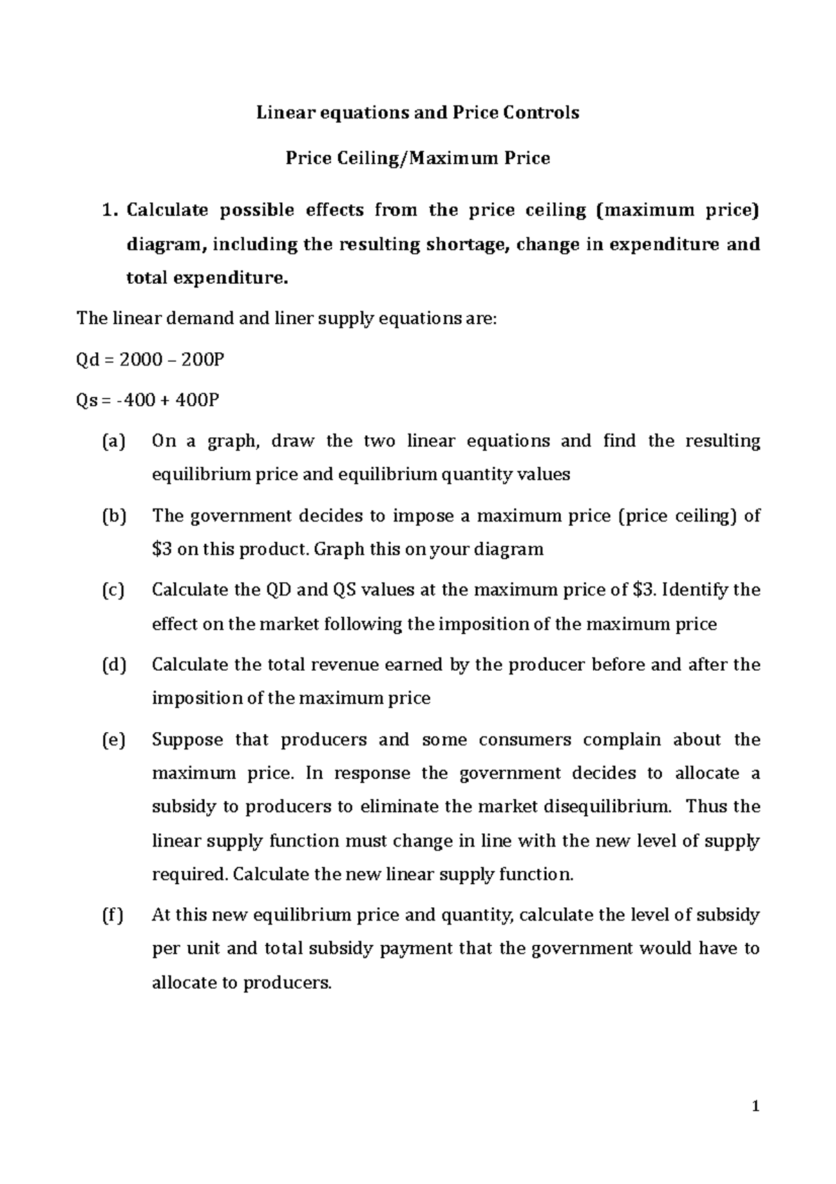 Price Control Worksheet - Linear equations and Price Controls Price ...