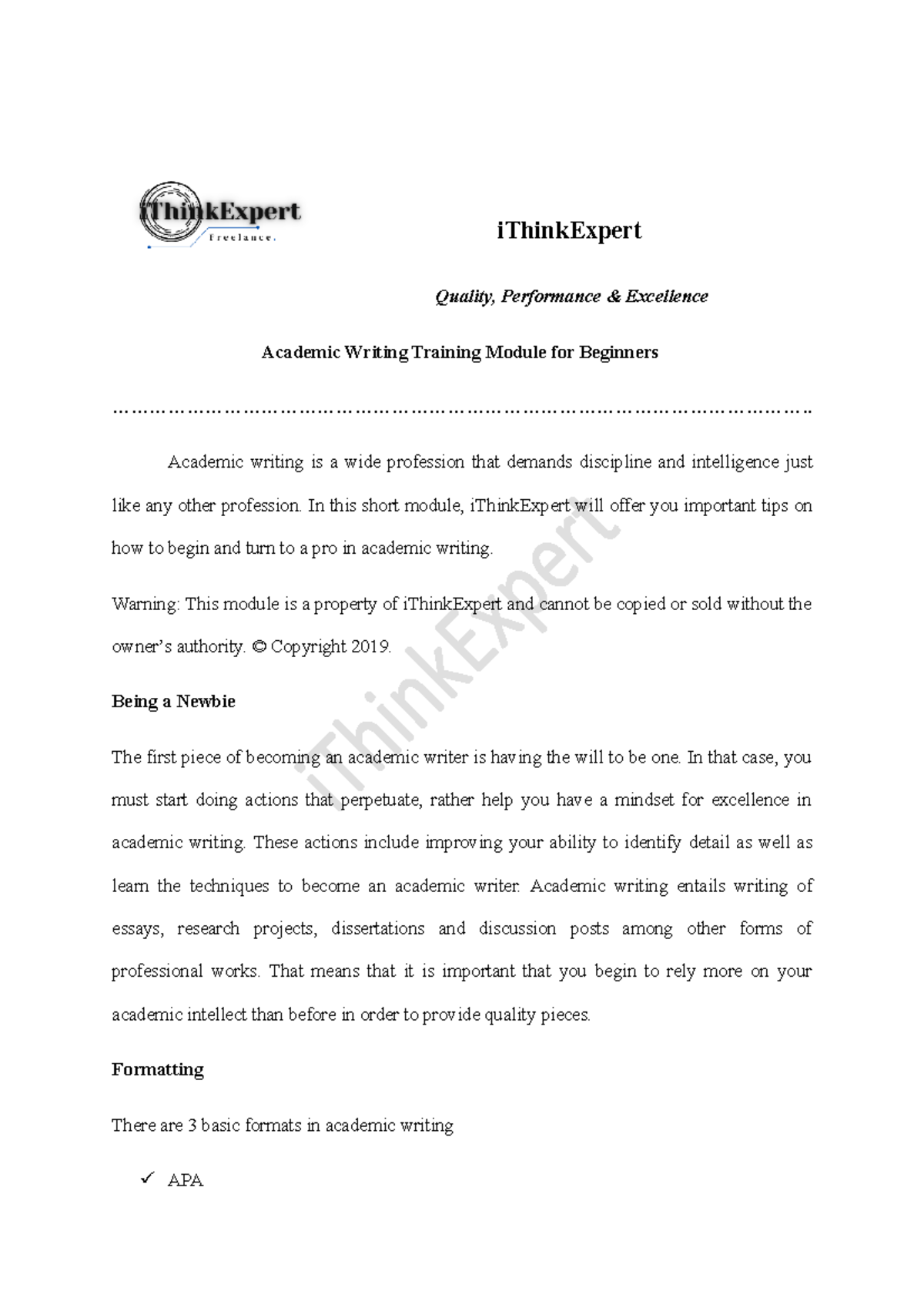 Module FOR Beginners AND NEW Employees - iThinkExpert Quality ...