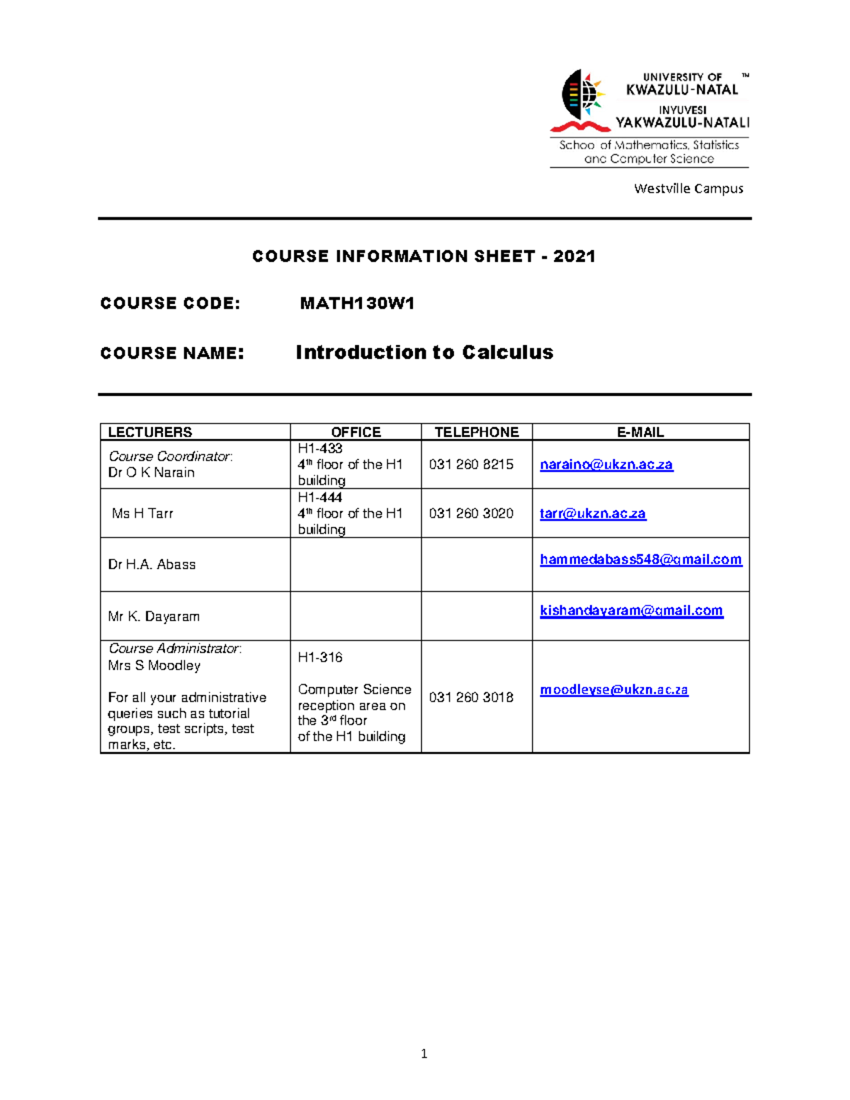 MATH130 W1 2021 Course Information Sheet Final 2 - COURSE INFORMATION ...