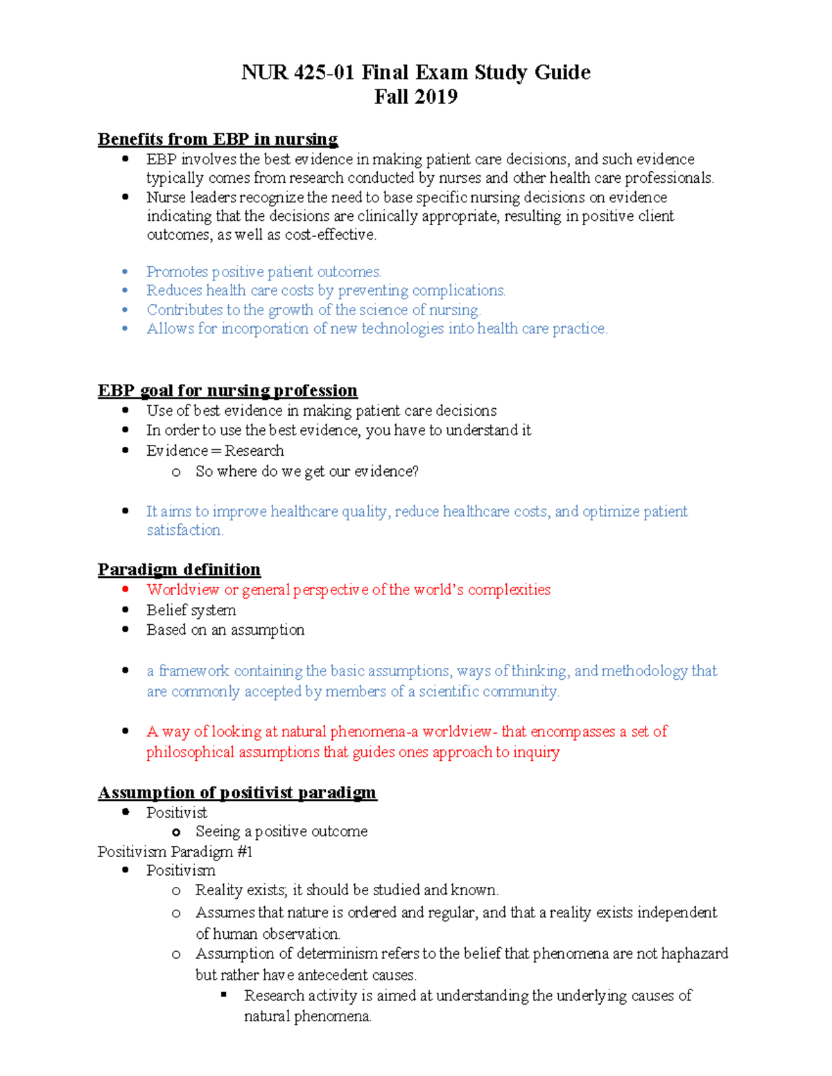 EBP final study guide - NUR 425-01 Final Exam Study Guide Fall 2019 ...