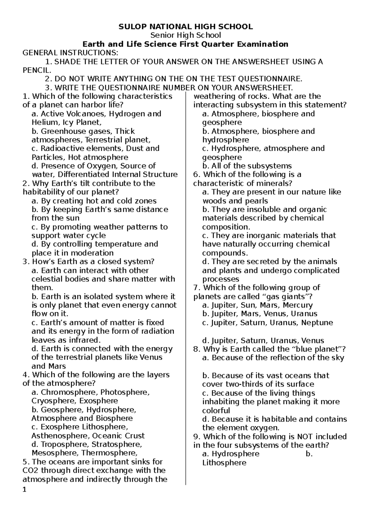 Quarter 1 Examination - SULOP NATIONAL HIGH SCHOOL Senior High School ...