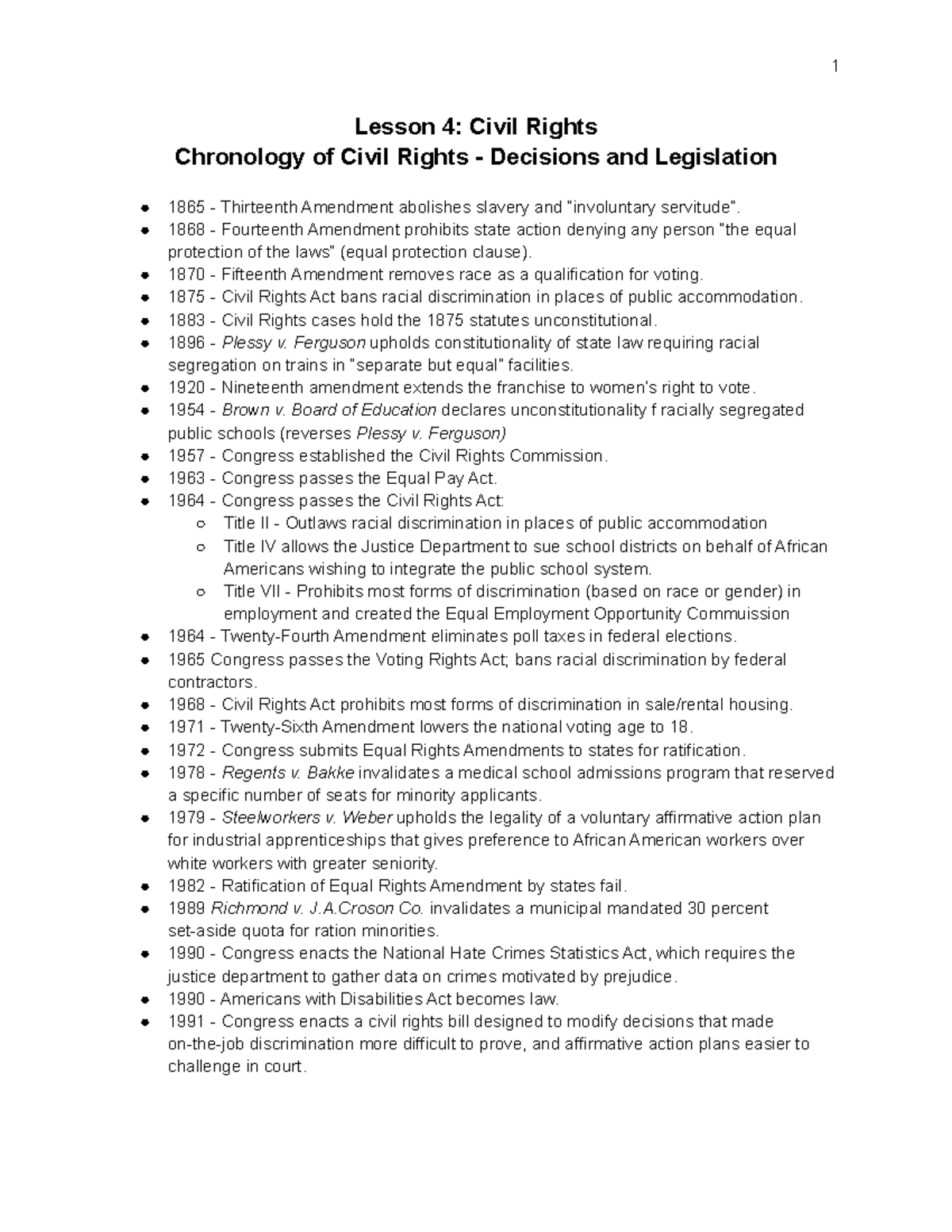 Lesson 4 Civil Rights - Chronology of Civil Rights Decisons and ...
