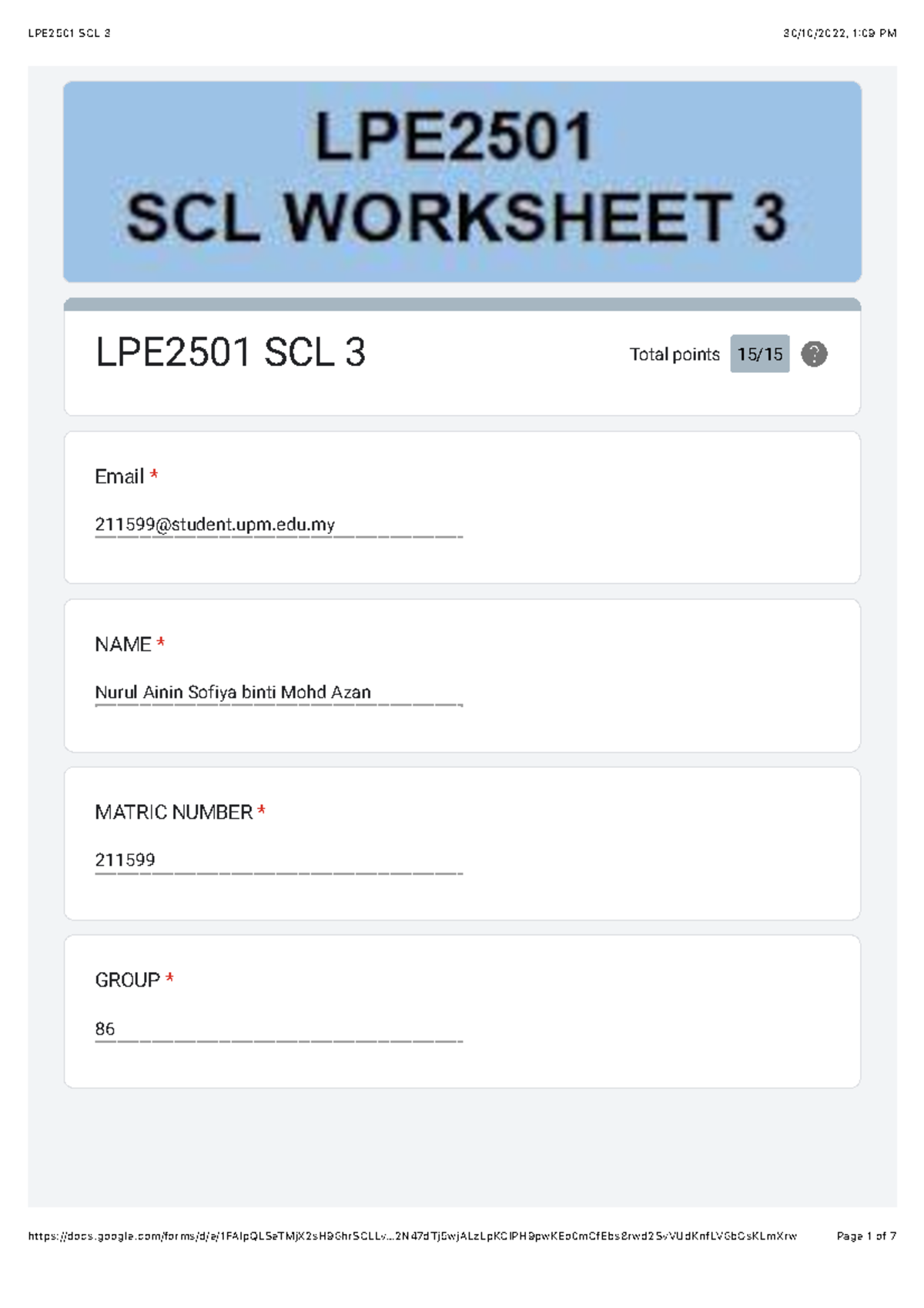 SCL 3 - 211599 - scl worksheet - Email * 211599@student.upm Nurul Ainin ...