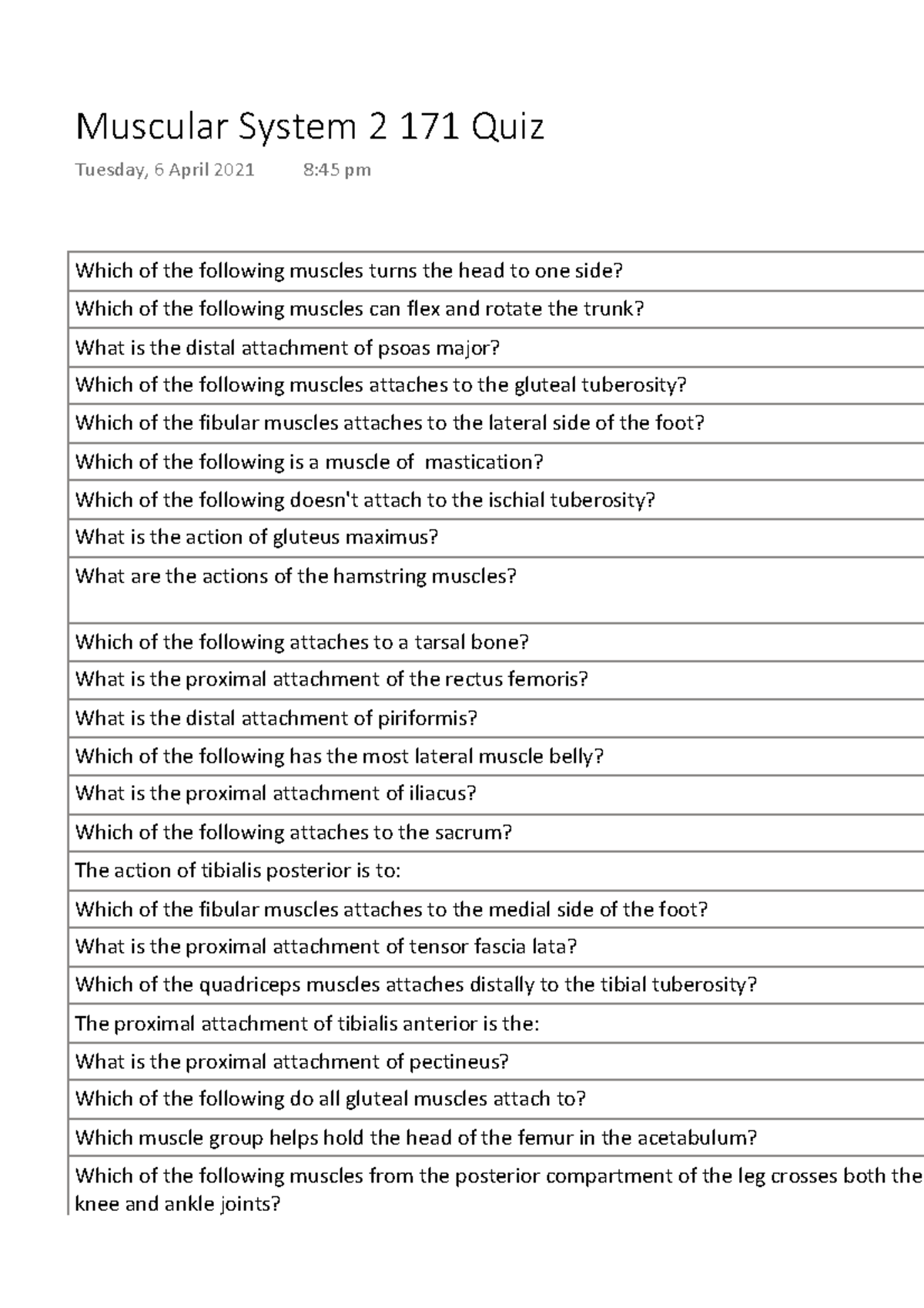 Muscular System 2 171 Quiz - Which of the following muscles turns the ...