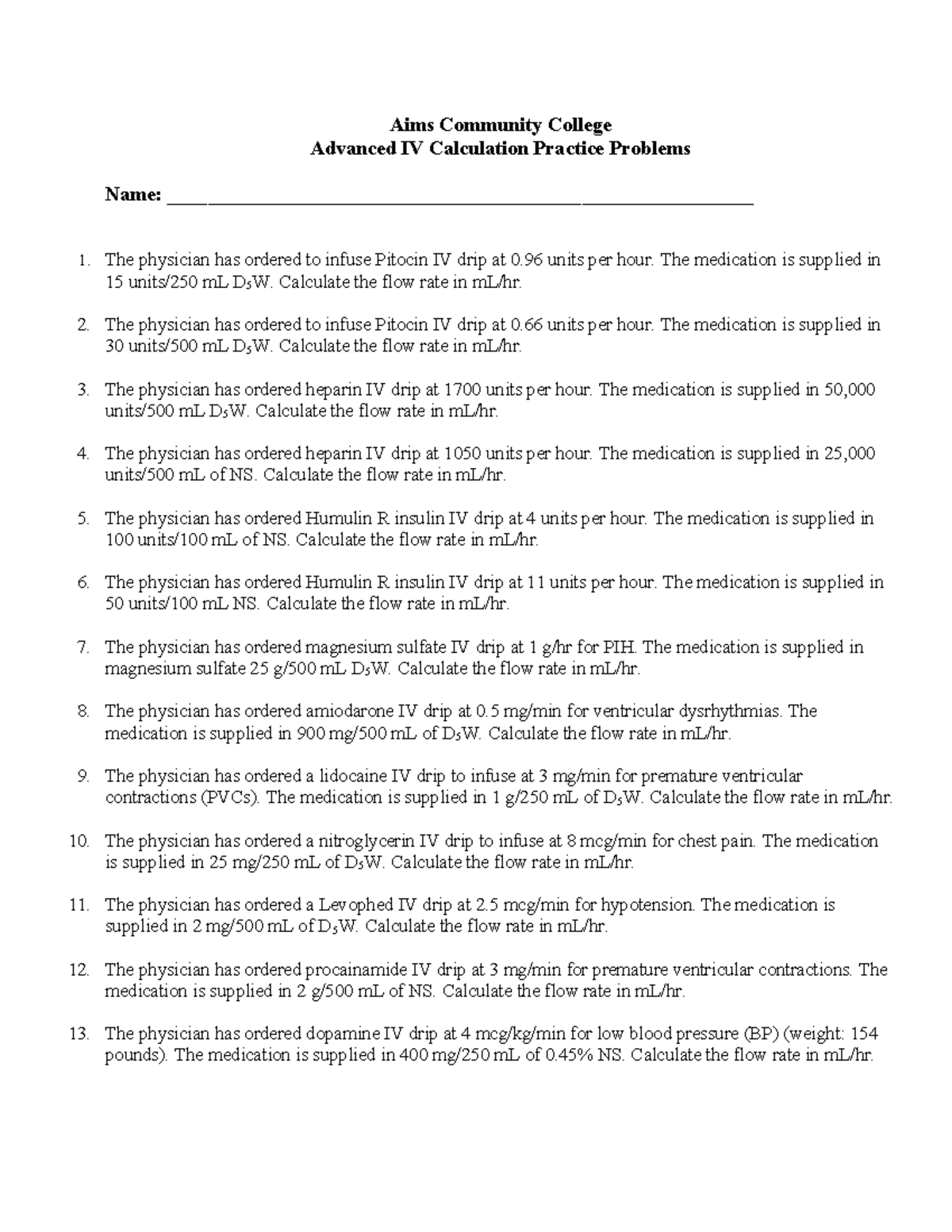 Advanced IV Calculation Practice Problems - Aims Community College ...