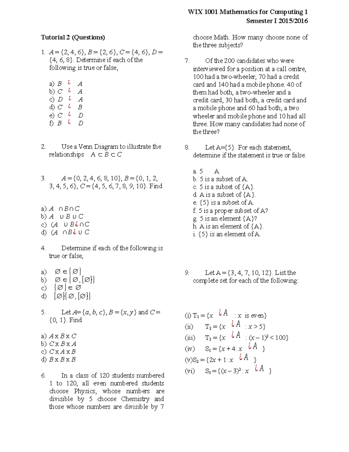 09. W3 Tutorial 2 (Questions) - WIX 1001 Mathematics for Computing 1 ...