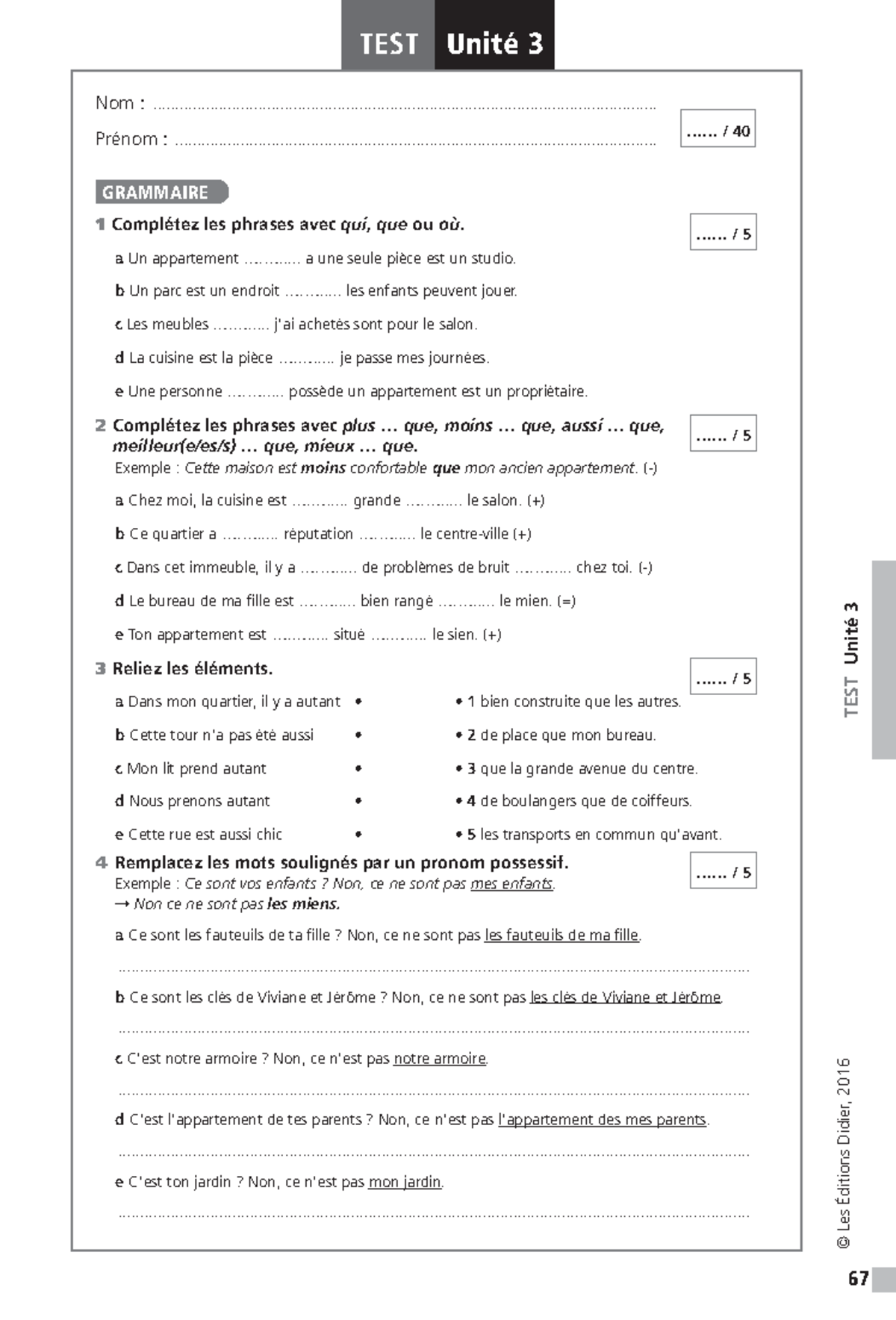 Test unité 3 - 67 ' Les Éditions Didier, 2016 TEST Unité 3 TEST Unité 3 ...