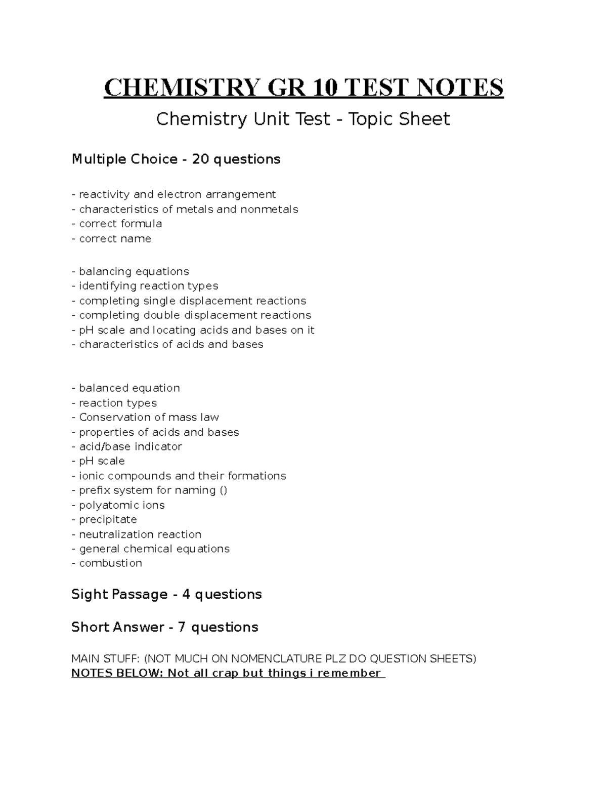 Chemistry Notes Grade - CHEMISTRY GR 10 TEST NOTES Chemistry Unit Test ...