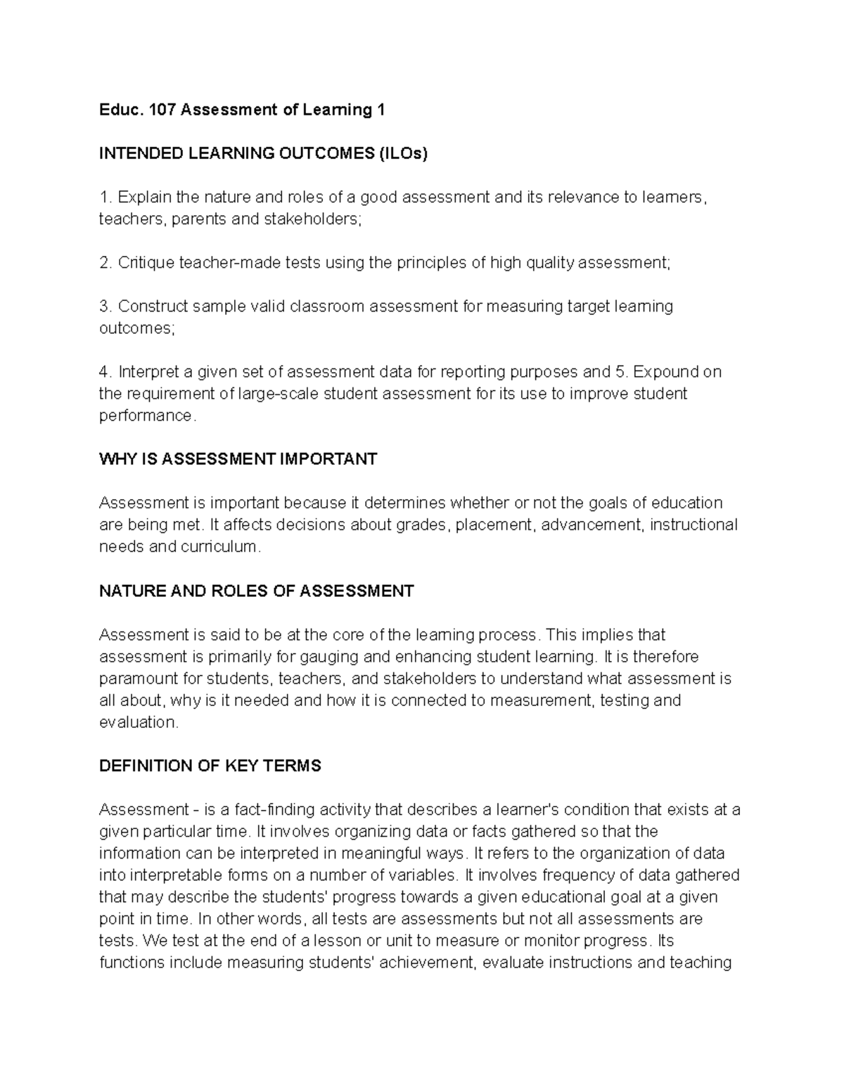 EDUC 107. Notes-1 - EDUC 107. Notes-1 - Educ. 107 Assessment of ...