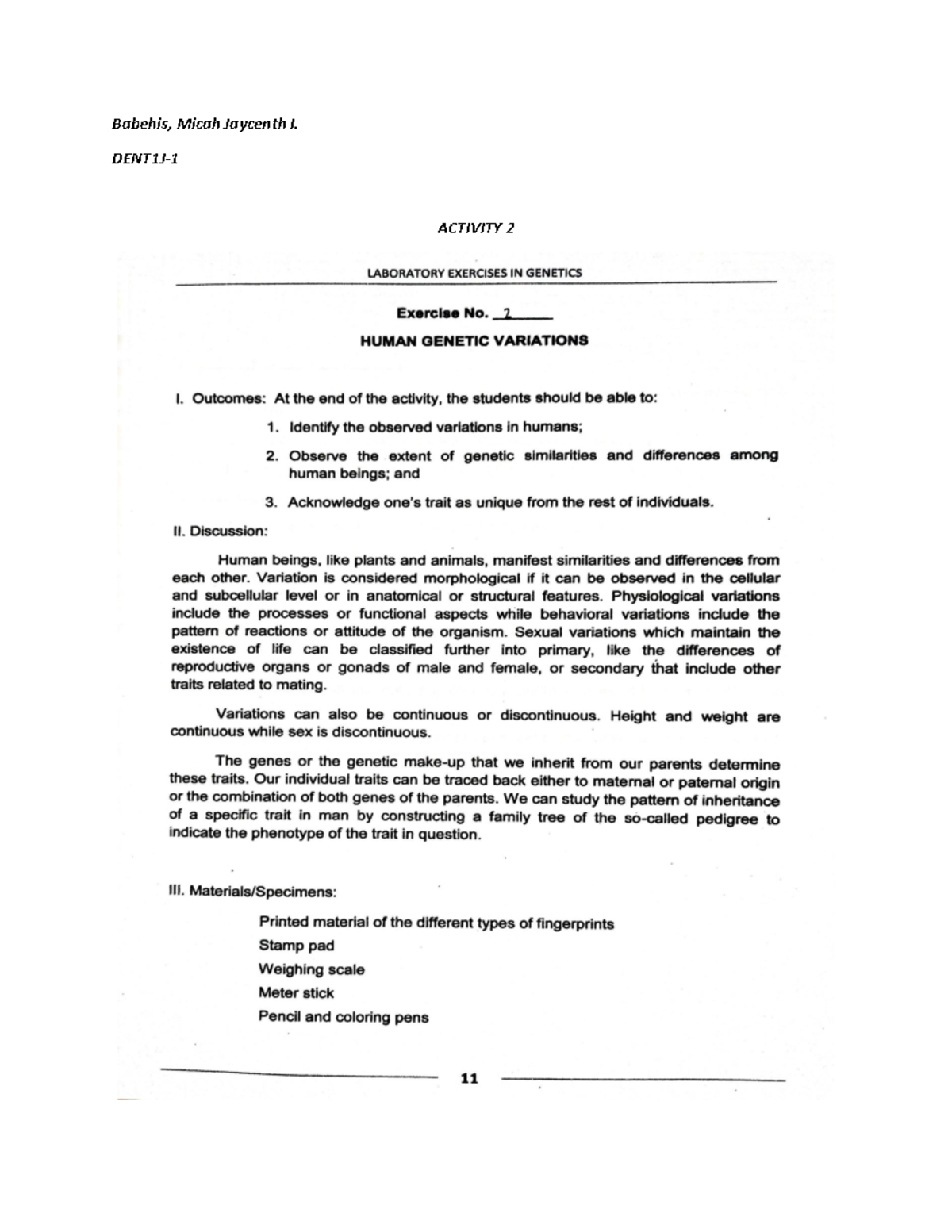 Babehis DENT1J-1 M1- While TASK -Lab Exercise 2 - Human Genetic Variations - Human Genetics with ...