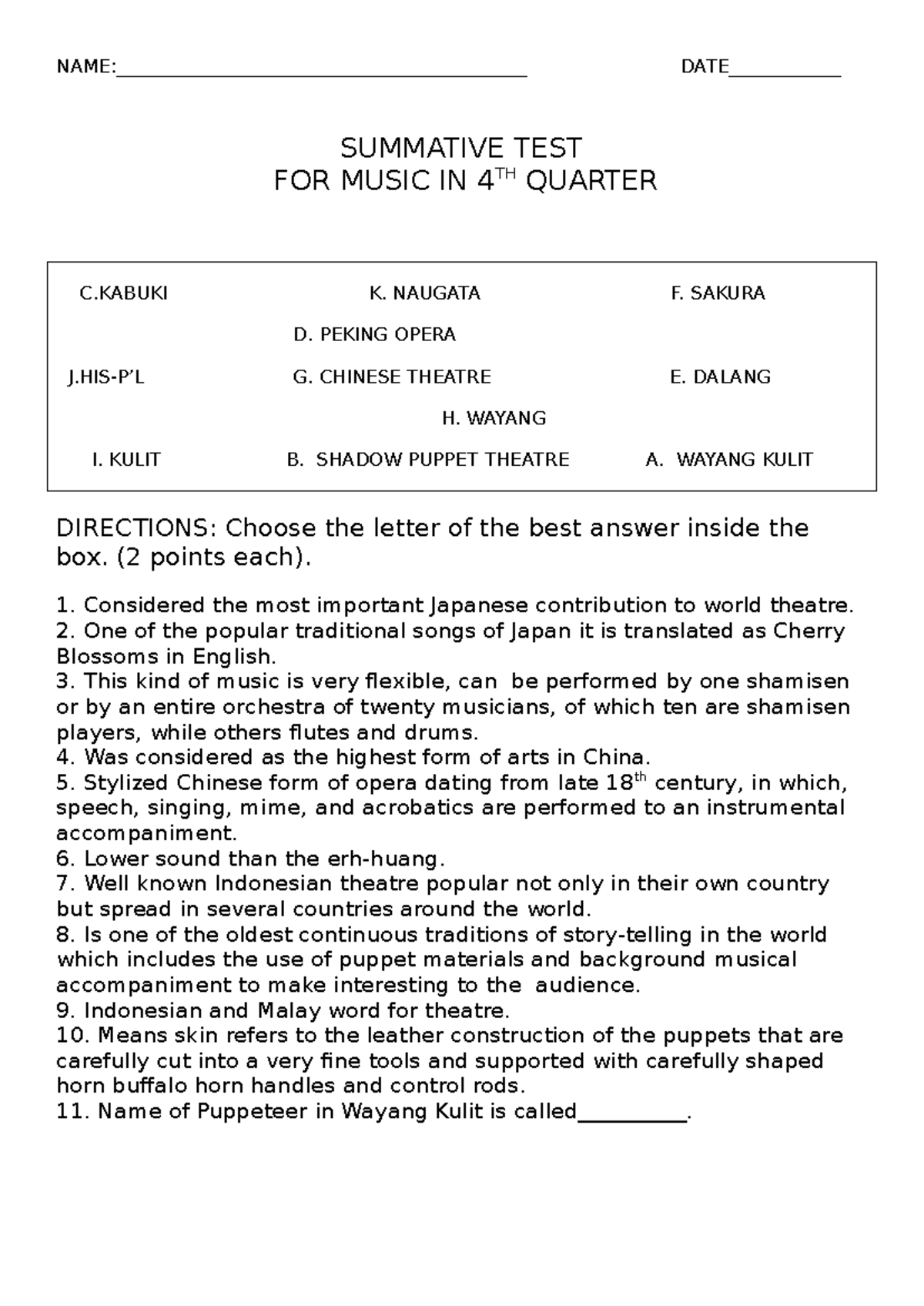 Summative TEST IN Music 4TH Quarter - NAME