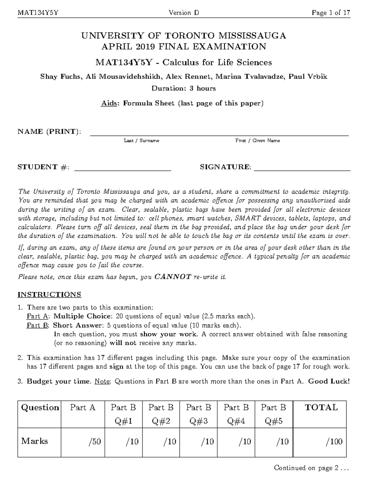 MAT134 past exam 7 - MAT134Y5Y Version D Page 1 of 17 UNIVERSITY OF ...