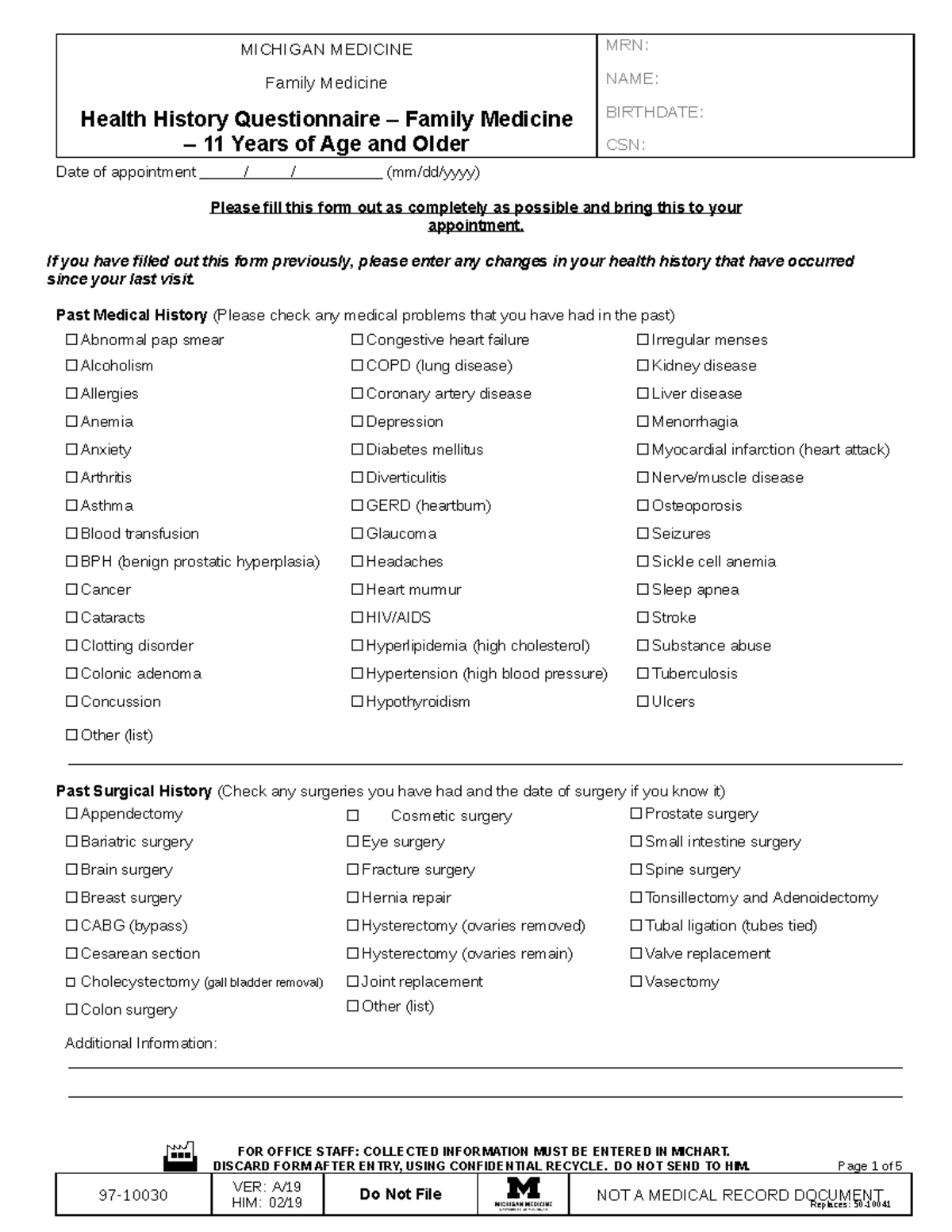 Health History Questionnaire Family Medicine 11 Years of Age and Older ...