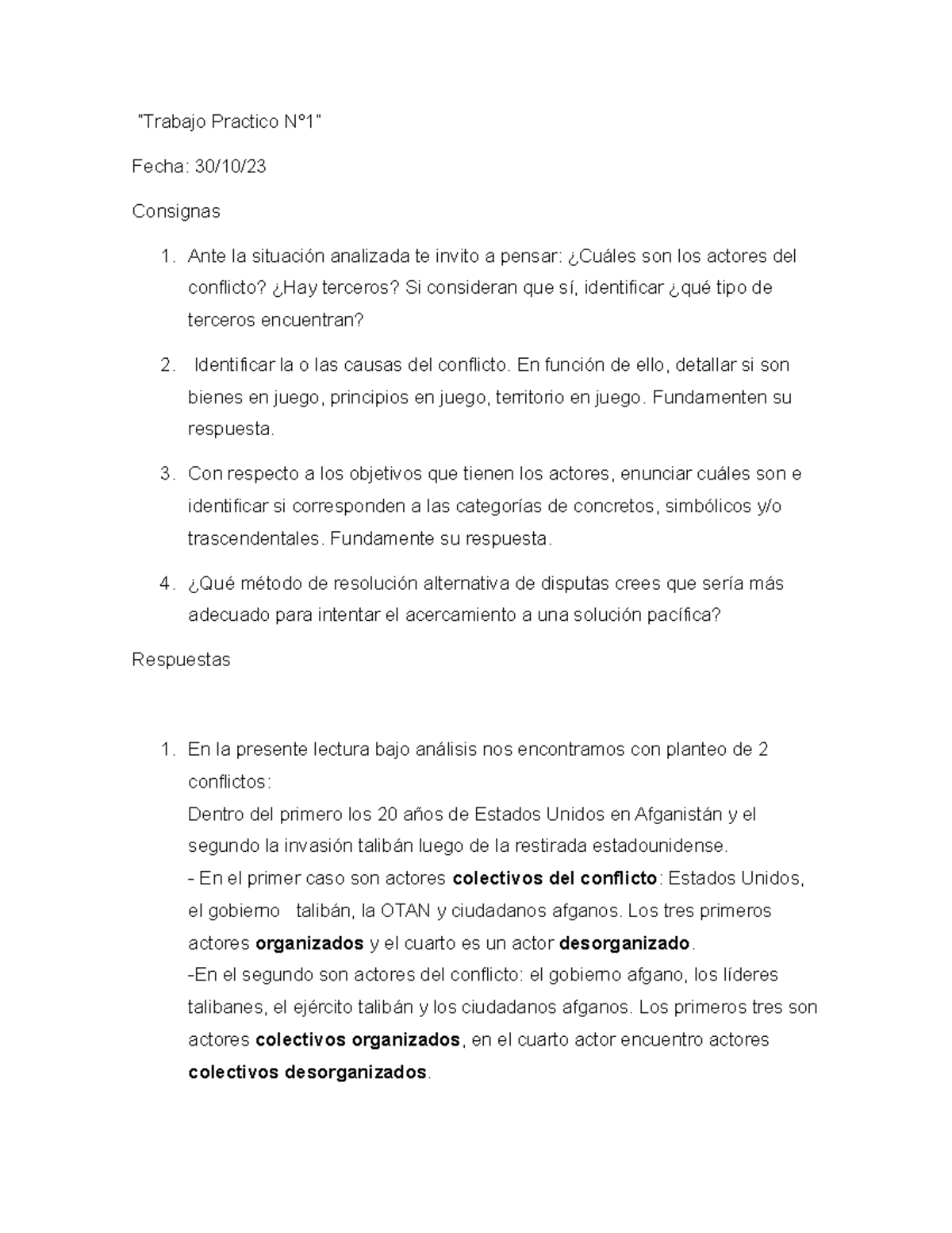 TP1 Mediación, arbitraje y negociación - “Trabajo Practico N°1” Fecha: 30/10/ Consignas Ante la ...