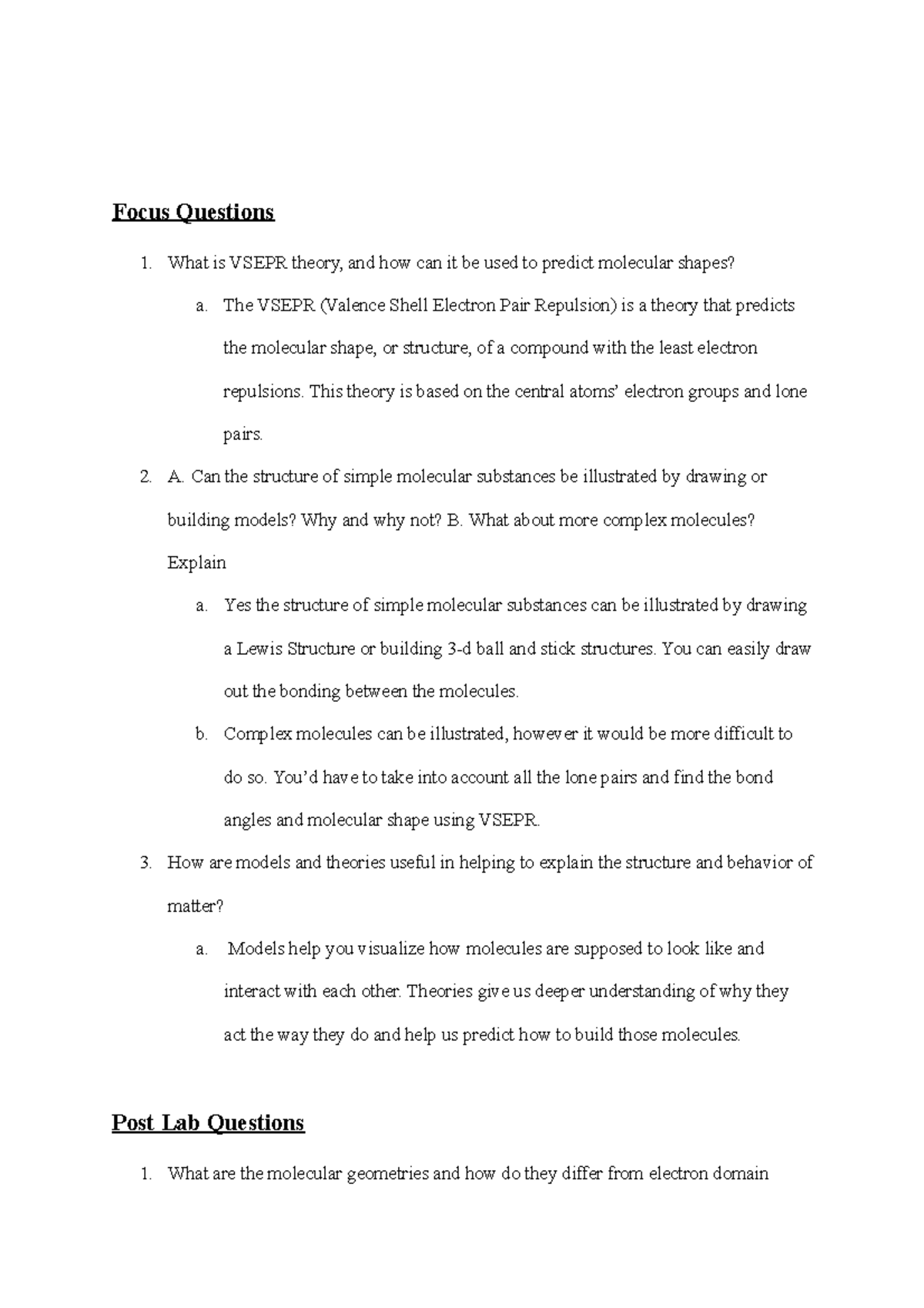 Lab 6 Lab Report For Vespr And Molecular Shape Focus Questions