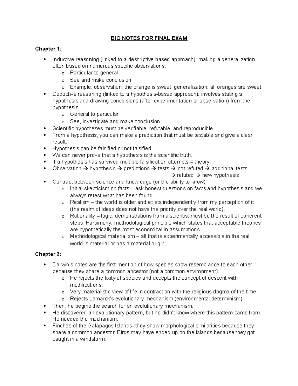 BIO Notes FOR Final EXAM - BIO NOTES FOR FINAL EXAM Chapter 1 ...