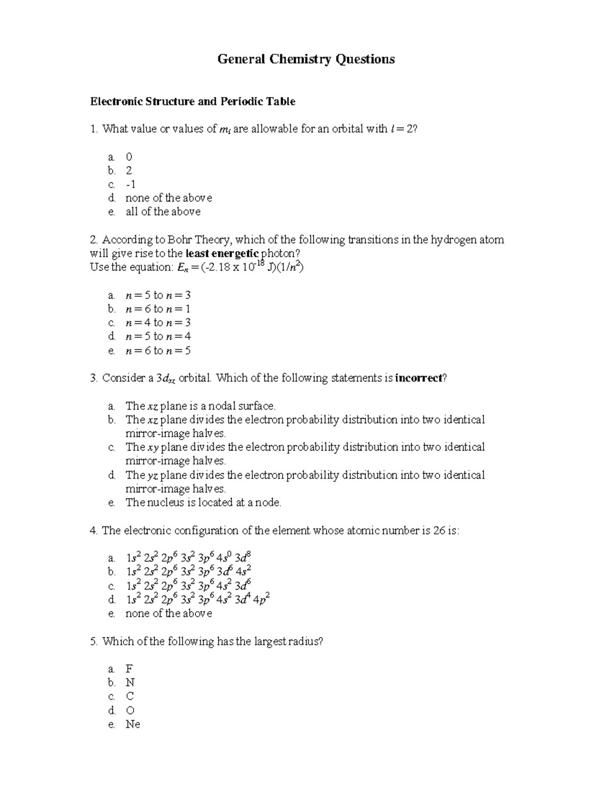 Chemistry Reviewer - General Chemistry Questions Electronic Structure ...